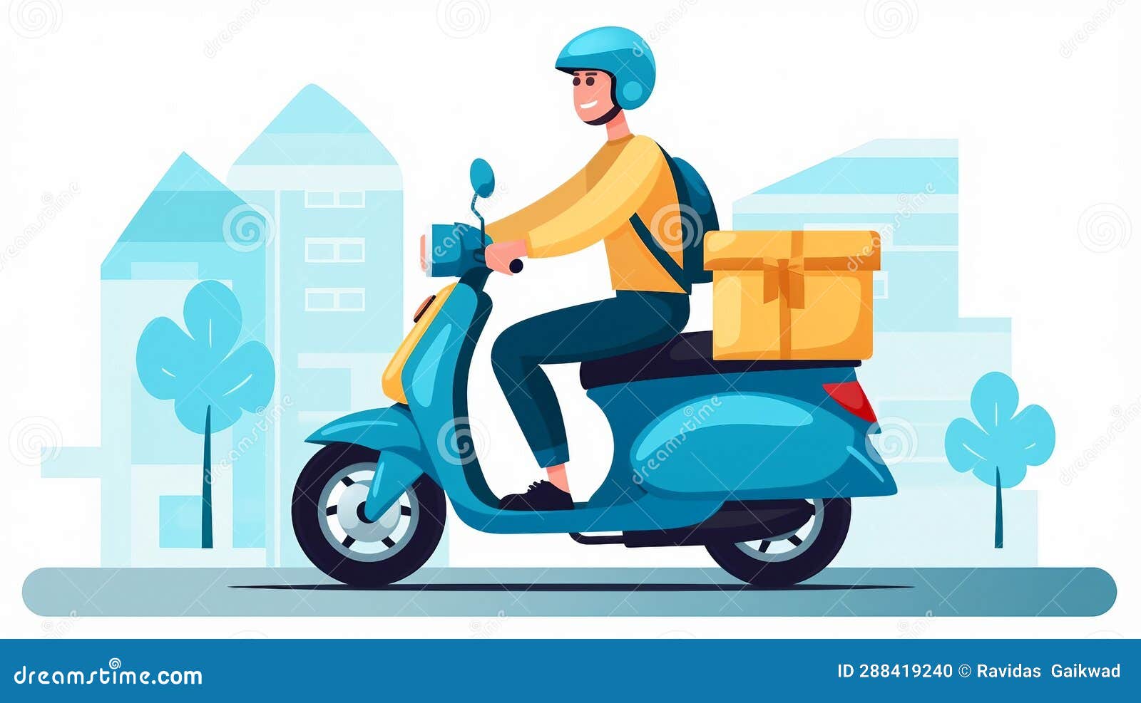An Illustration of a Delivery Boy on a Scooter with Parcel on the Back ...