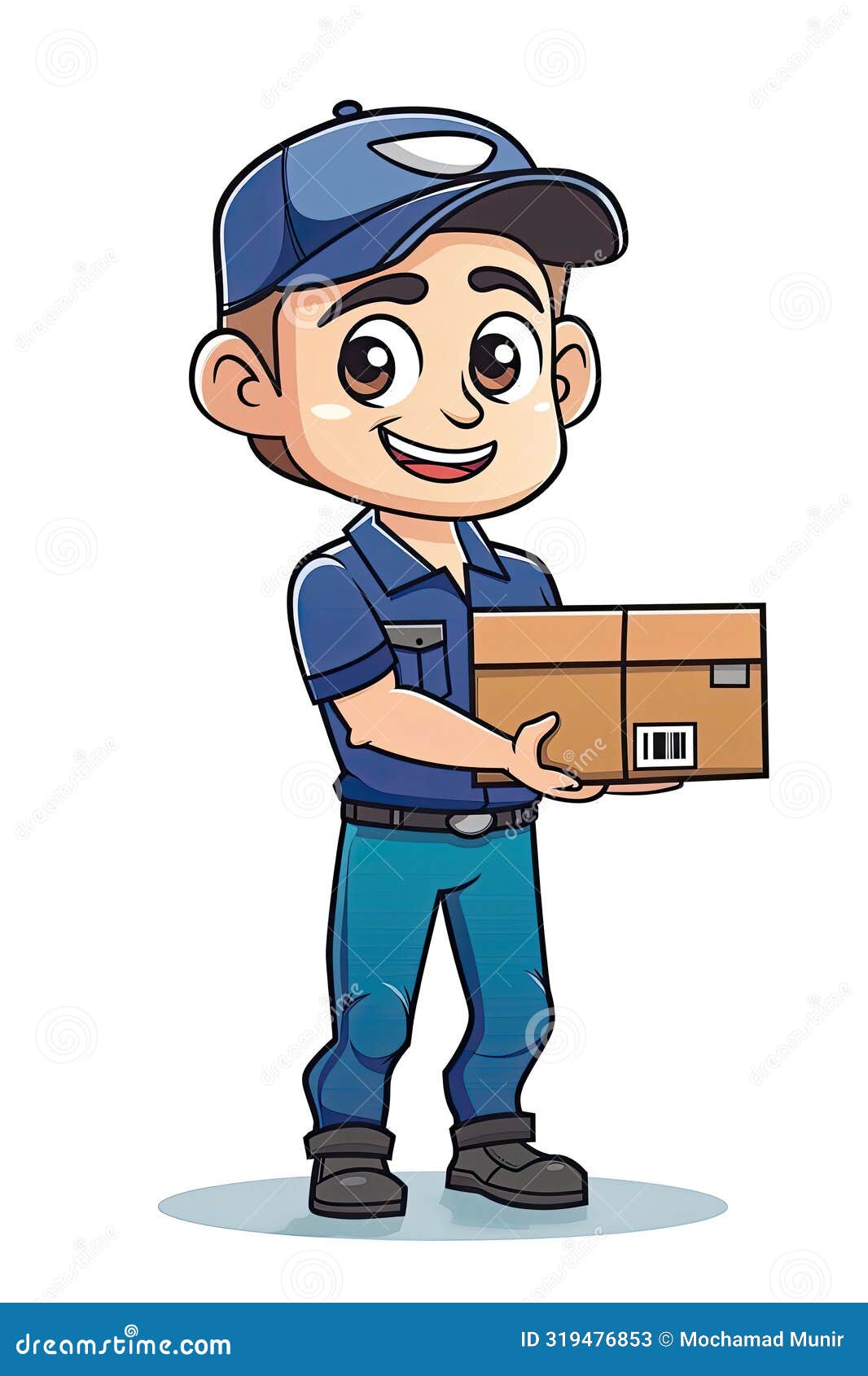 Illustration of a Delivery Man with Blue Uniform Bring a Package Stock ...
