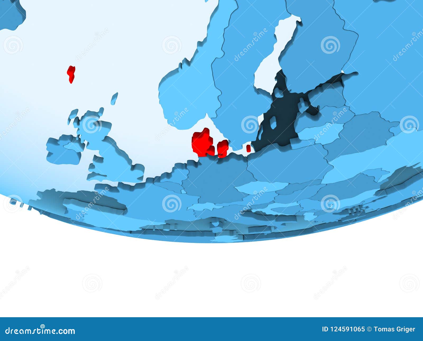 Denmark in red on blue map stock illustration. Illustration of european ...