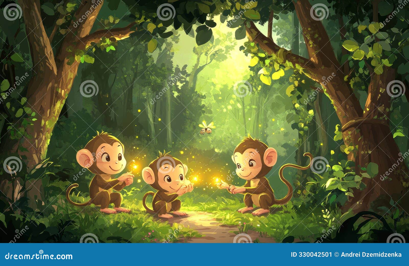 An Illustration Depicting Four Monkeys Playing in a Dark Forest Stock ...