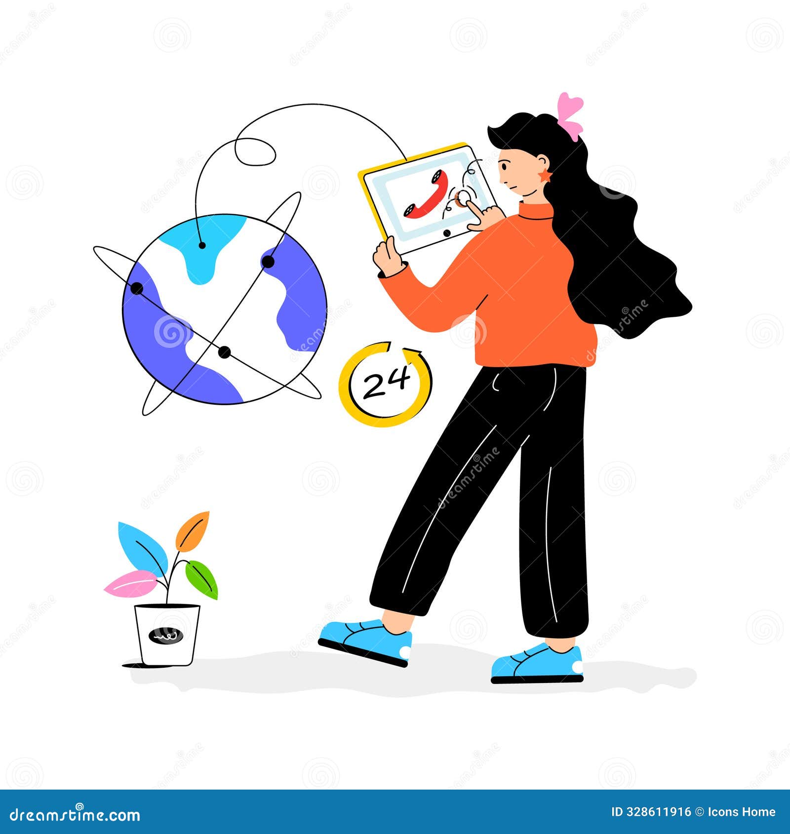 An Illustration Depicting 24/7 Global Customer Support with a Woman ...