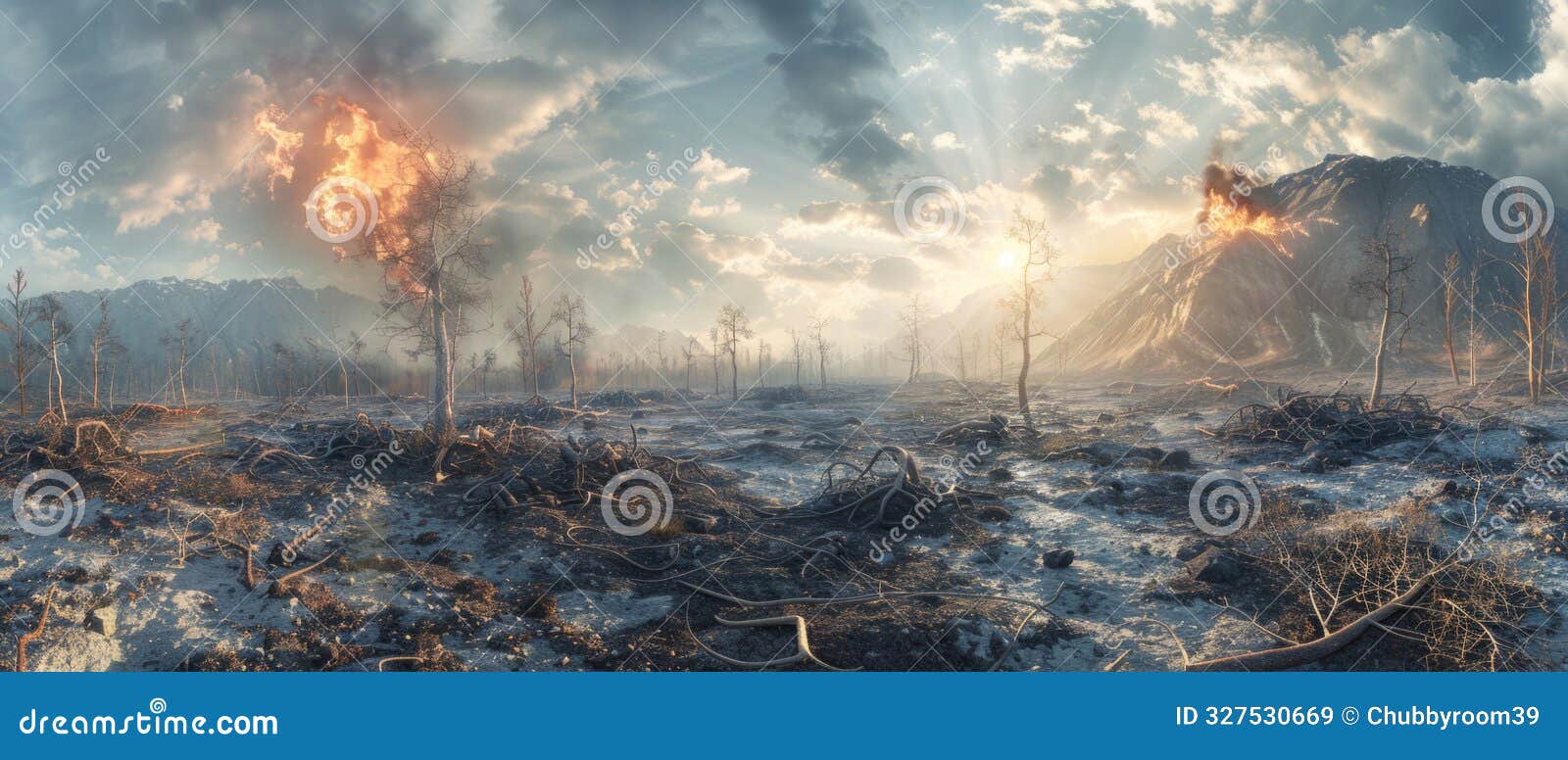 Illustration Depicting Scorched Earth And Burnt Trees In A Devastated ...