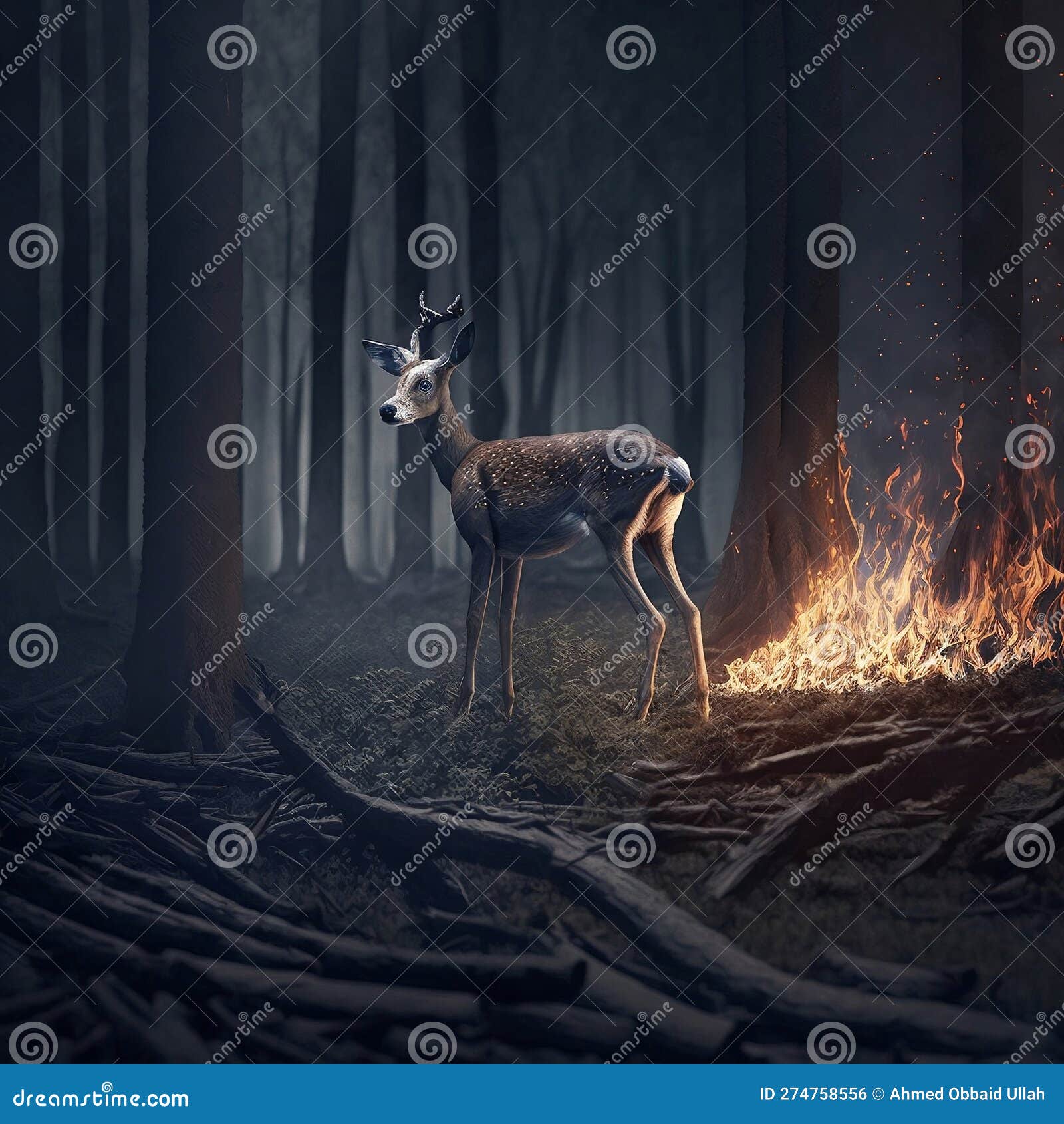 Illustration Depicts a Deer in a Dark Forest with a Fire Burning in ...