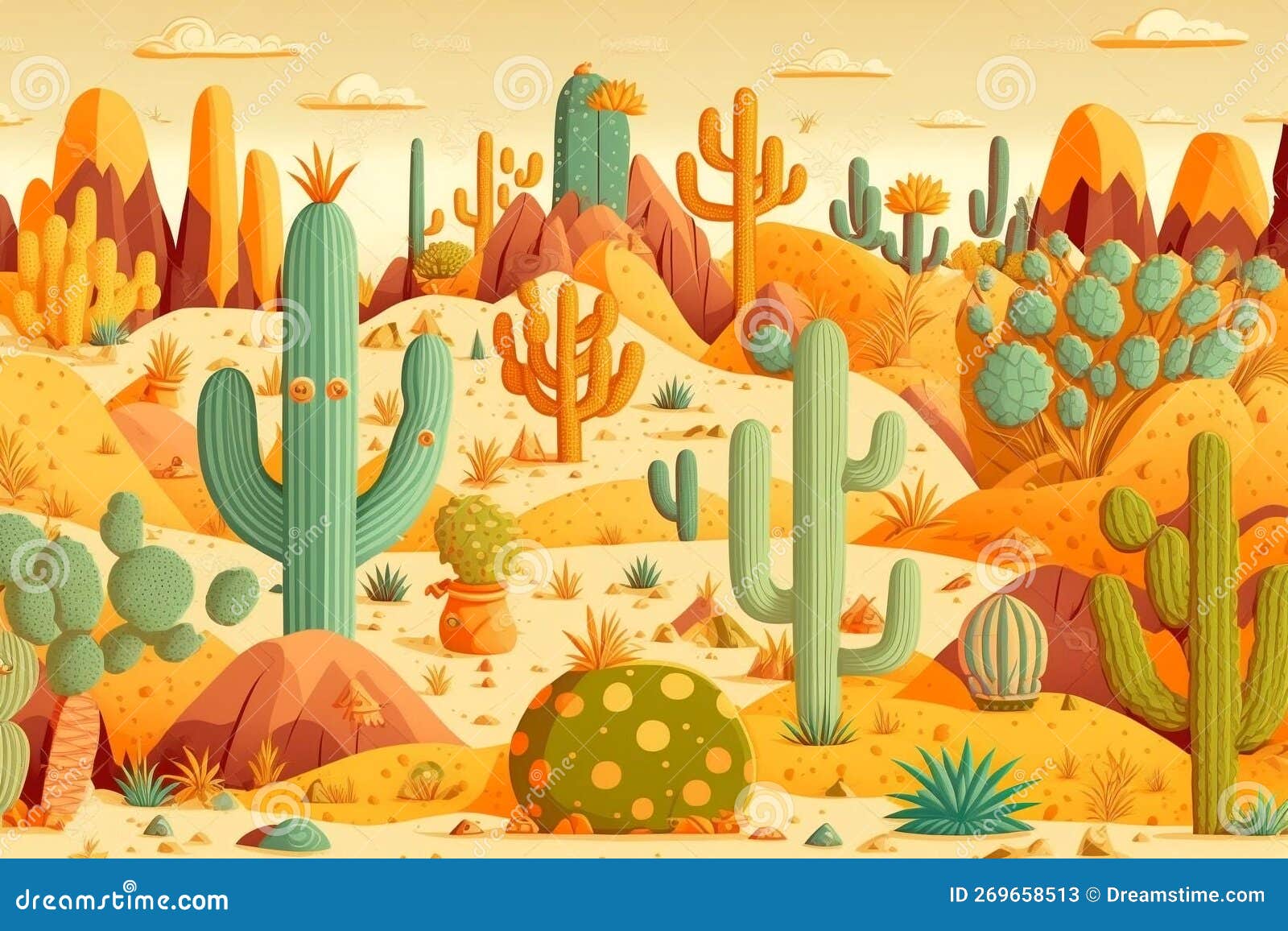 Illustration of Desert with Cactus on a Background of Mountains Stock ...