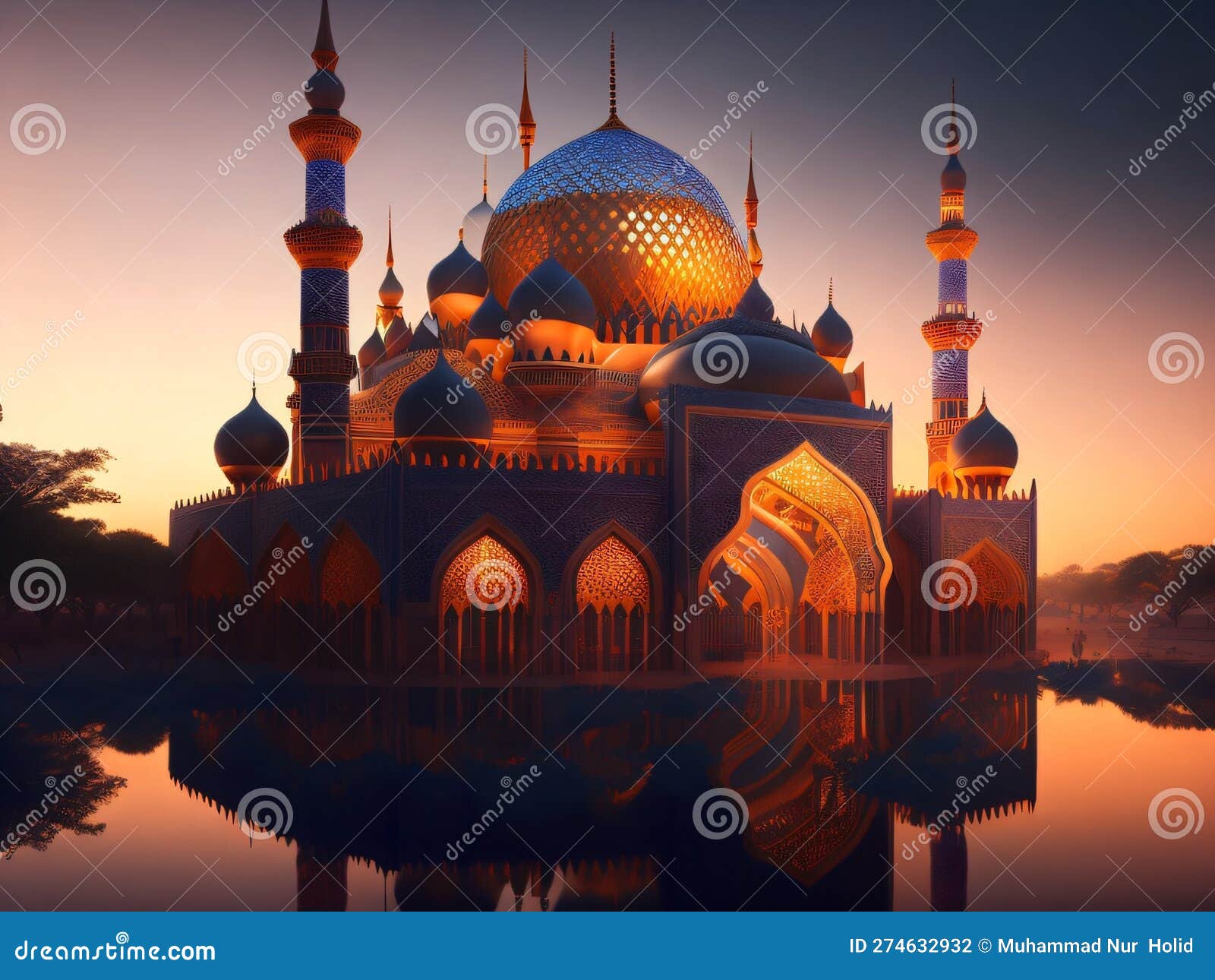 Illustration Design of Blue Mosque at Sunset Stock Illustration ...