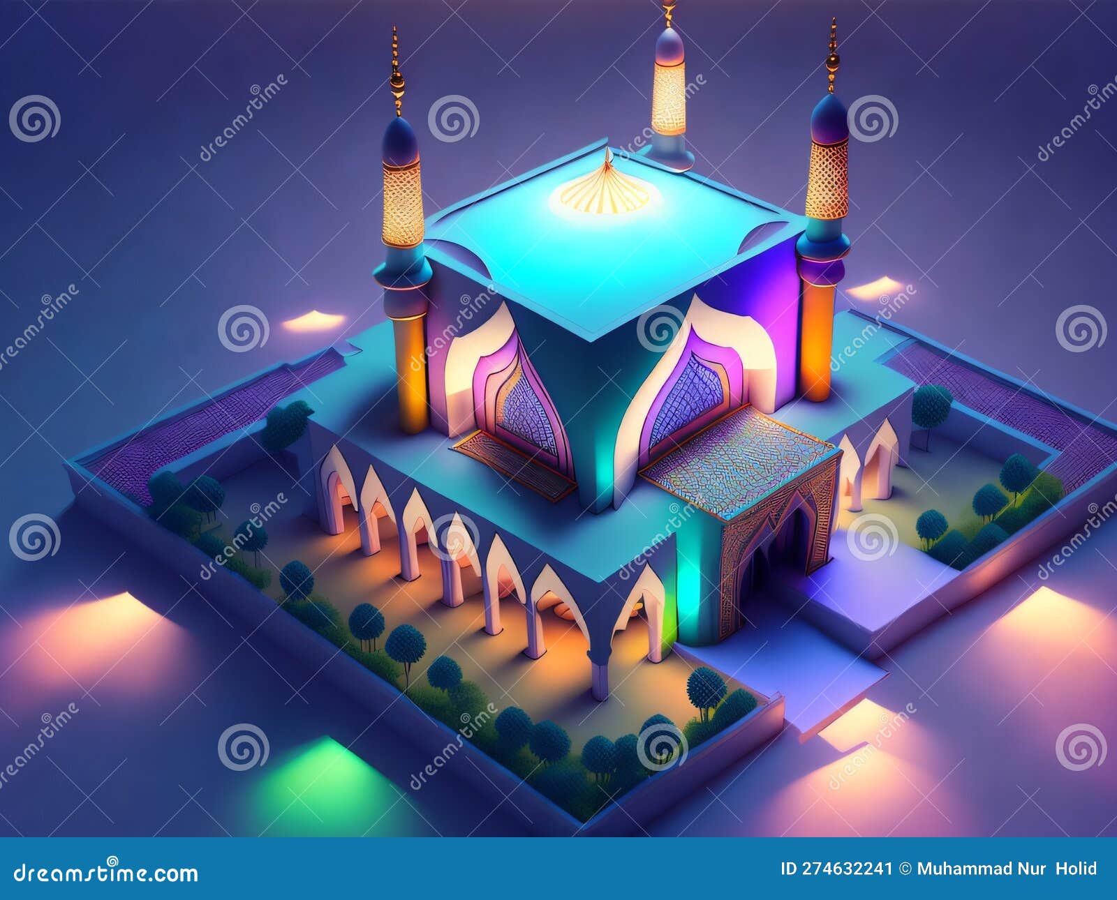 3D Mosque Render with Neon Color Effect Stock Illustration ...