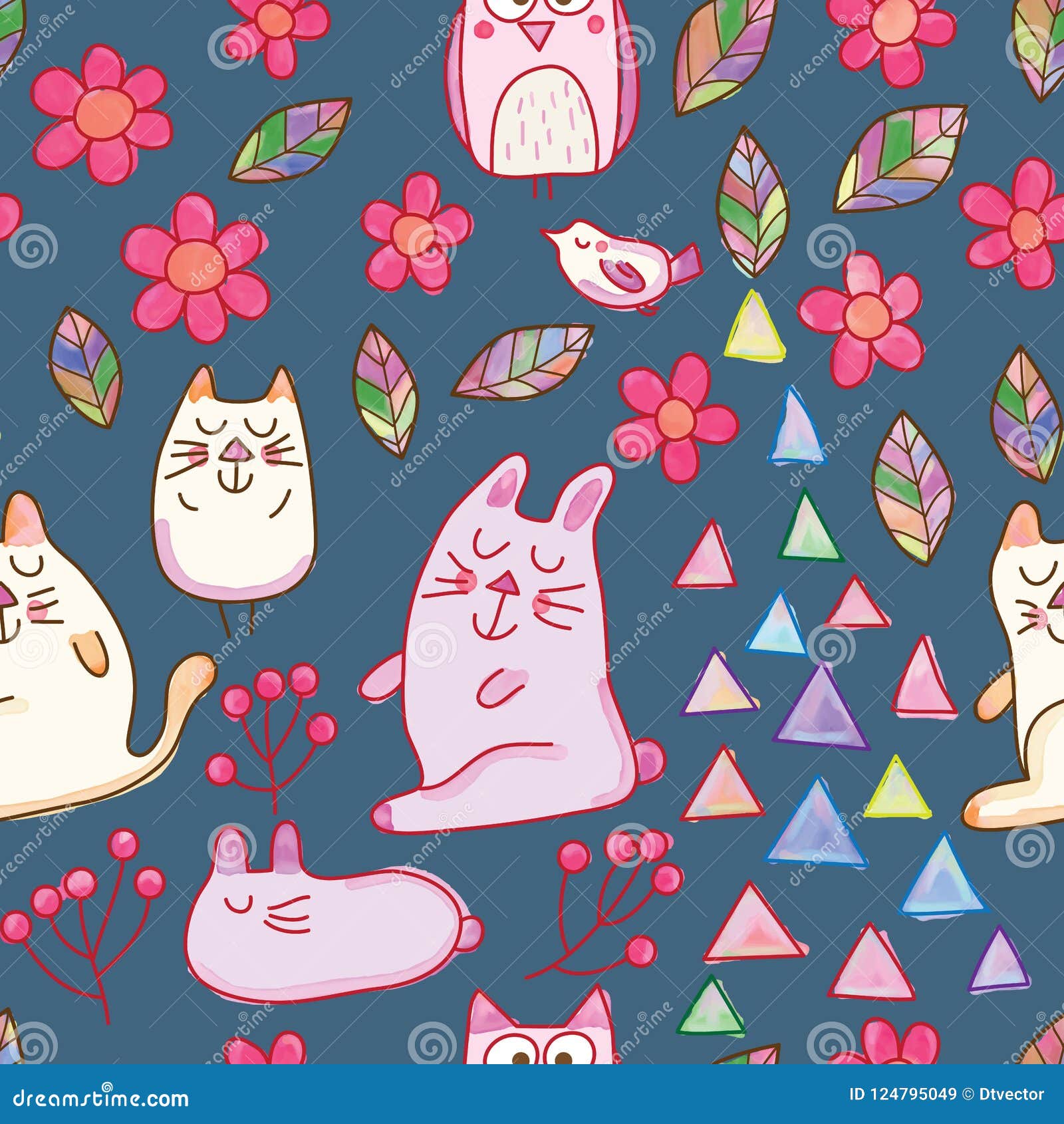 Rabbit Cat Bird Different World Watercolor Seamless Pattern Stock ...