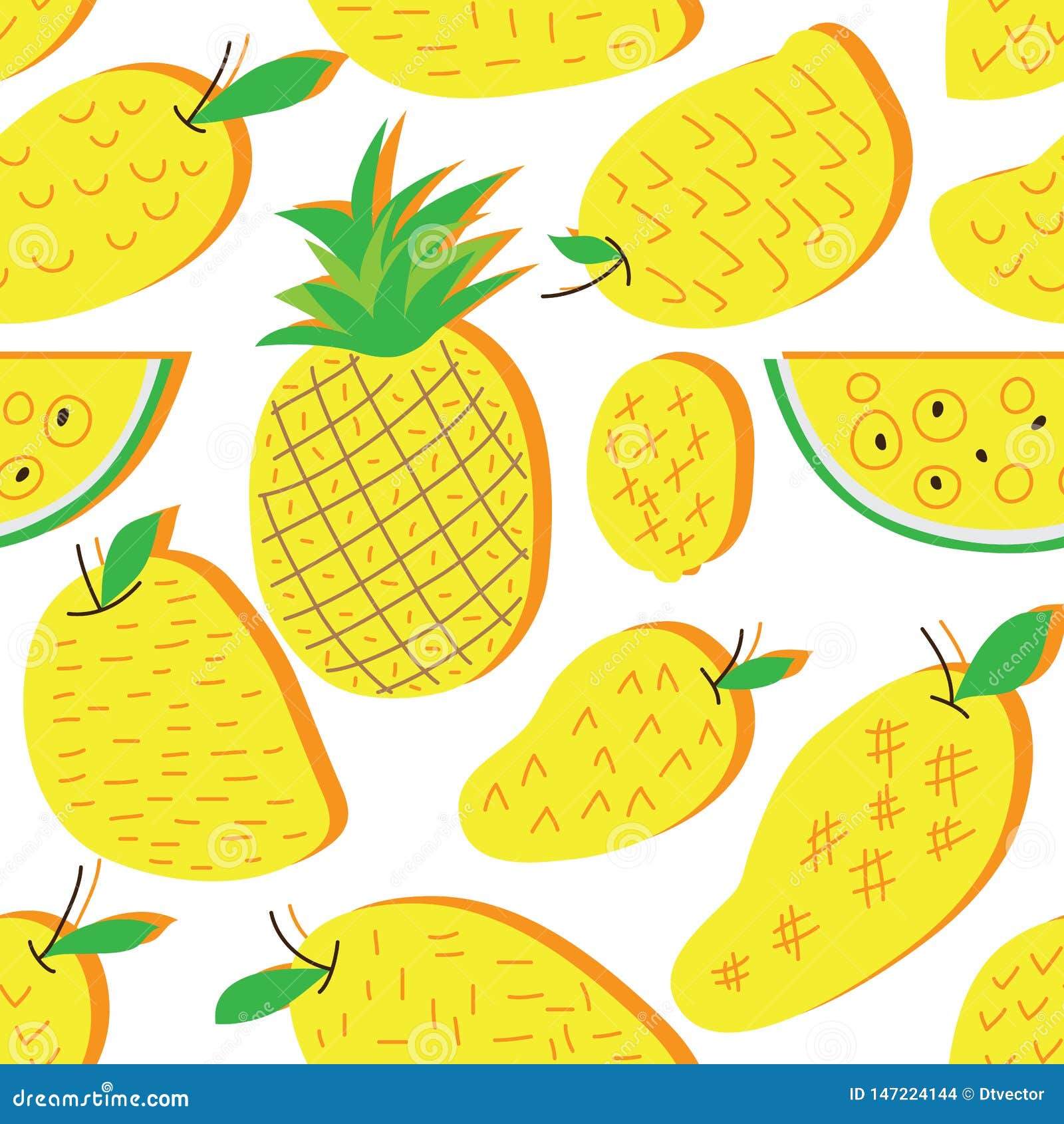 Mango Yellow One Pineapple Watermelon Free Style Seamless Pattern Stock ...