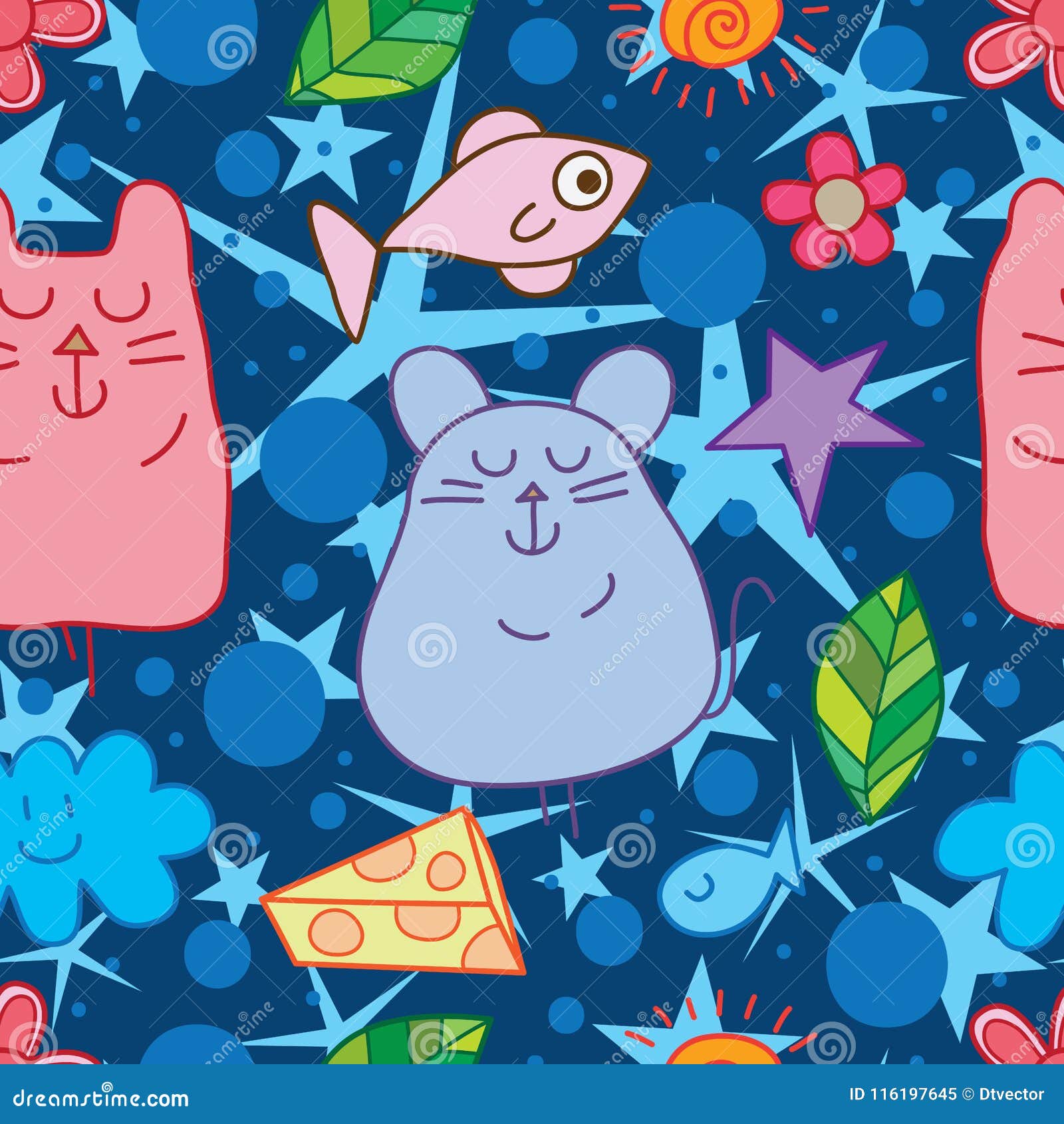 Mouse Fish Cat Dream Seamless Pattern Stock Vector - Illustration of ...