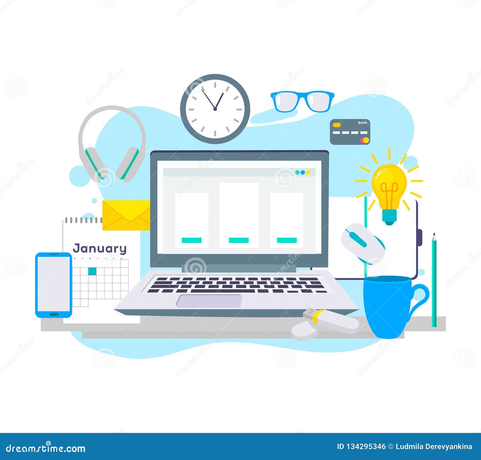 Illustration with Desk and Laptop. Flat Design Vector Illustration of ...