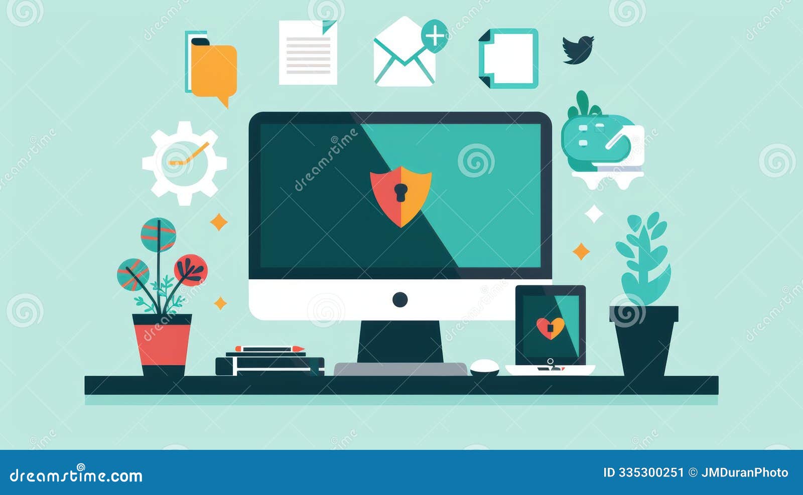 Illustration of a Desktop PC Shielded by a Protection Icon Symbolizes ...