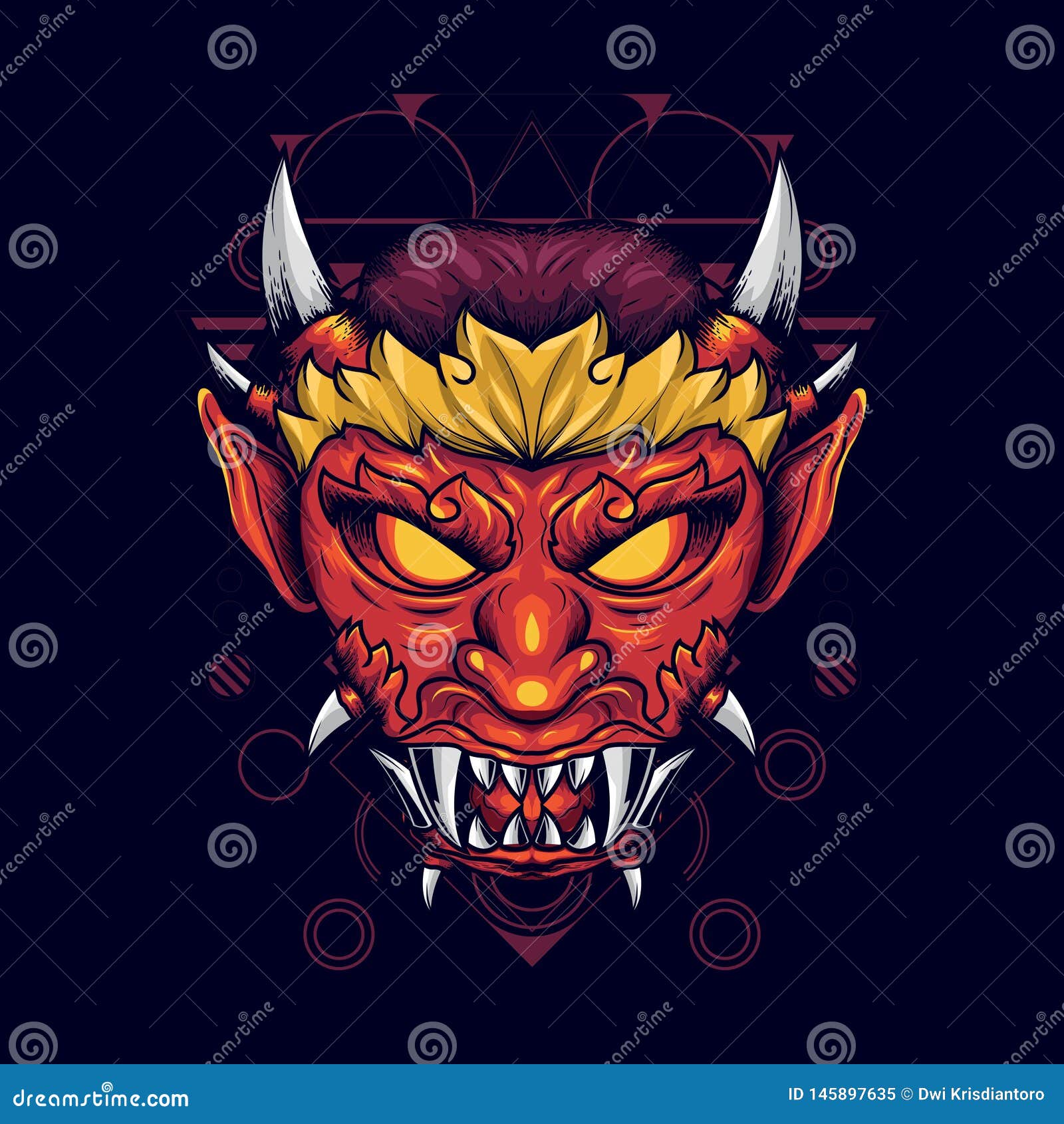 Illustration of Devil Head with Sharp Horns and Fangs in Bright Red ...