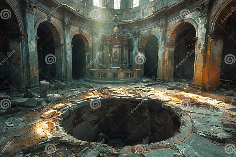 Digital Artwork of Empty Church with an Ancient Pit, High Quality, High ...