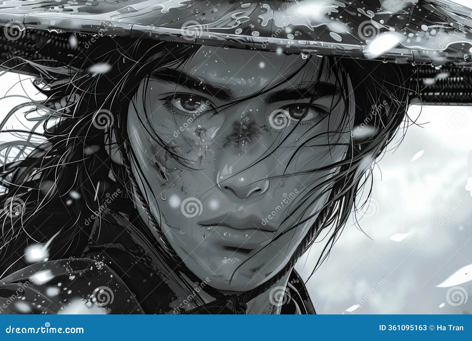 Digital Artwork of Samurai with Hat, Black and White Anime Style , High ...
