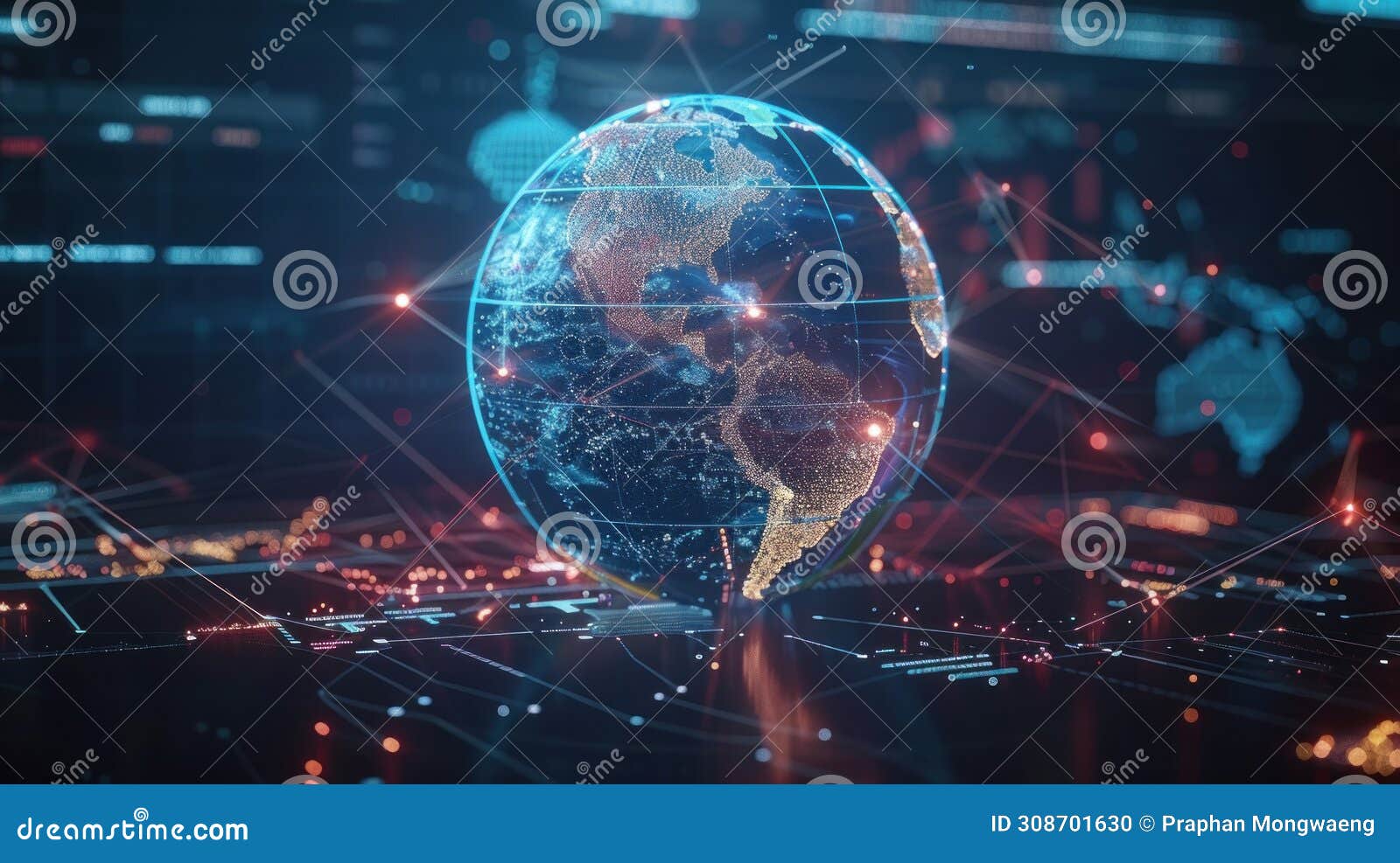 Illustration of a Digital Globe with Network Lines and Data Points ...
