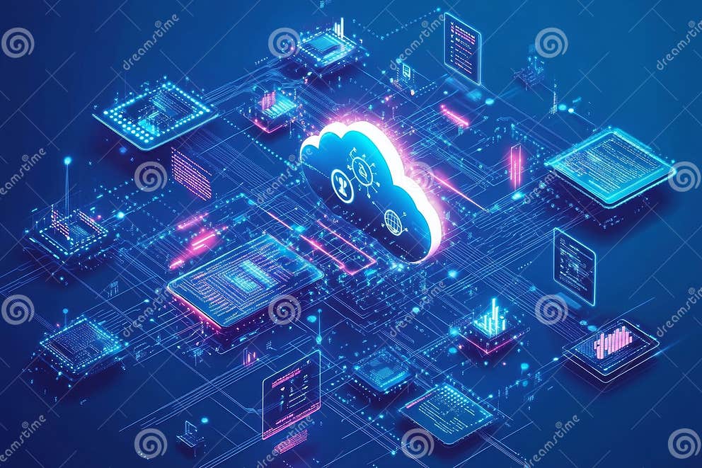Illustration of a Digital System with Interconnected Devices and Cloud ...