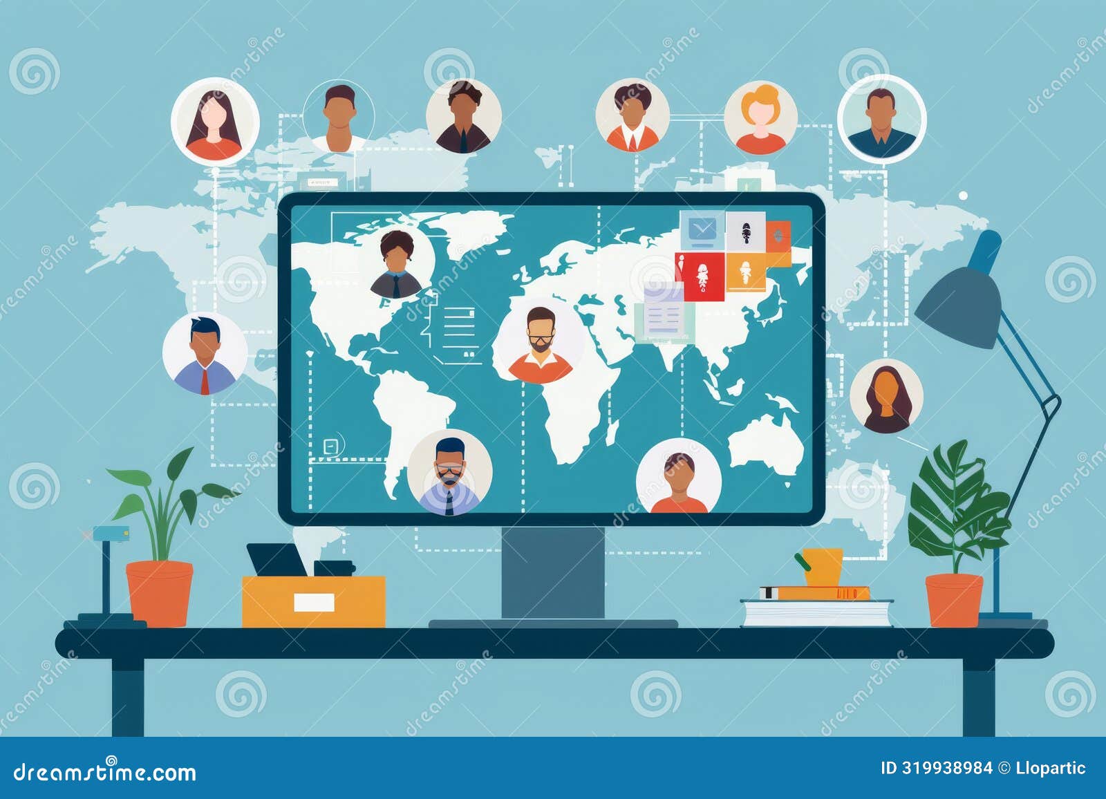 Illustration of a Digital Workplace with Team Members Interacting ...