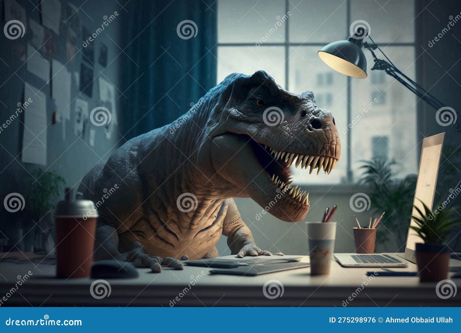 Illustration of a Dinosaur Using a Laptop at a Desk Created with ...