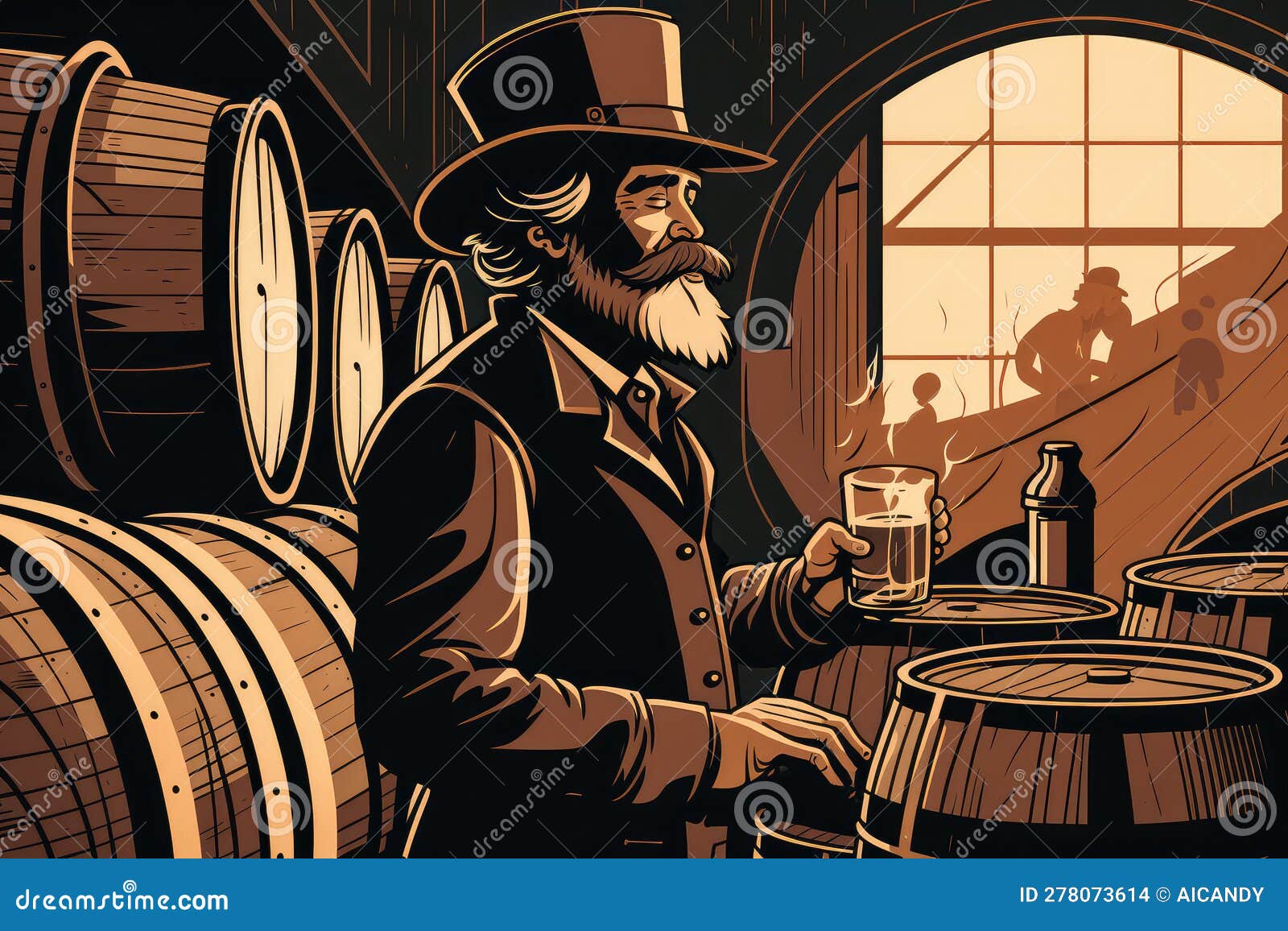 Illustration of a Distillery Owner Sampling Whiskey from a Barrel Stock ...