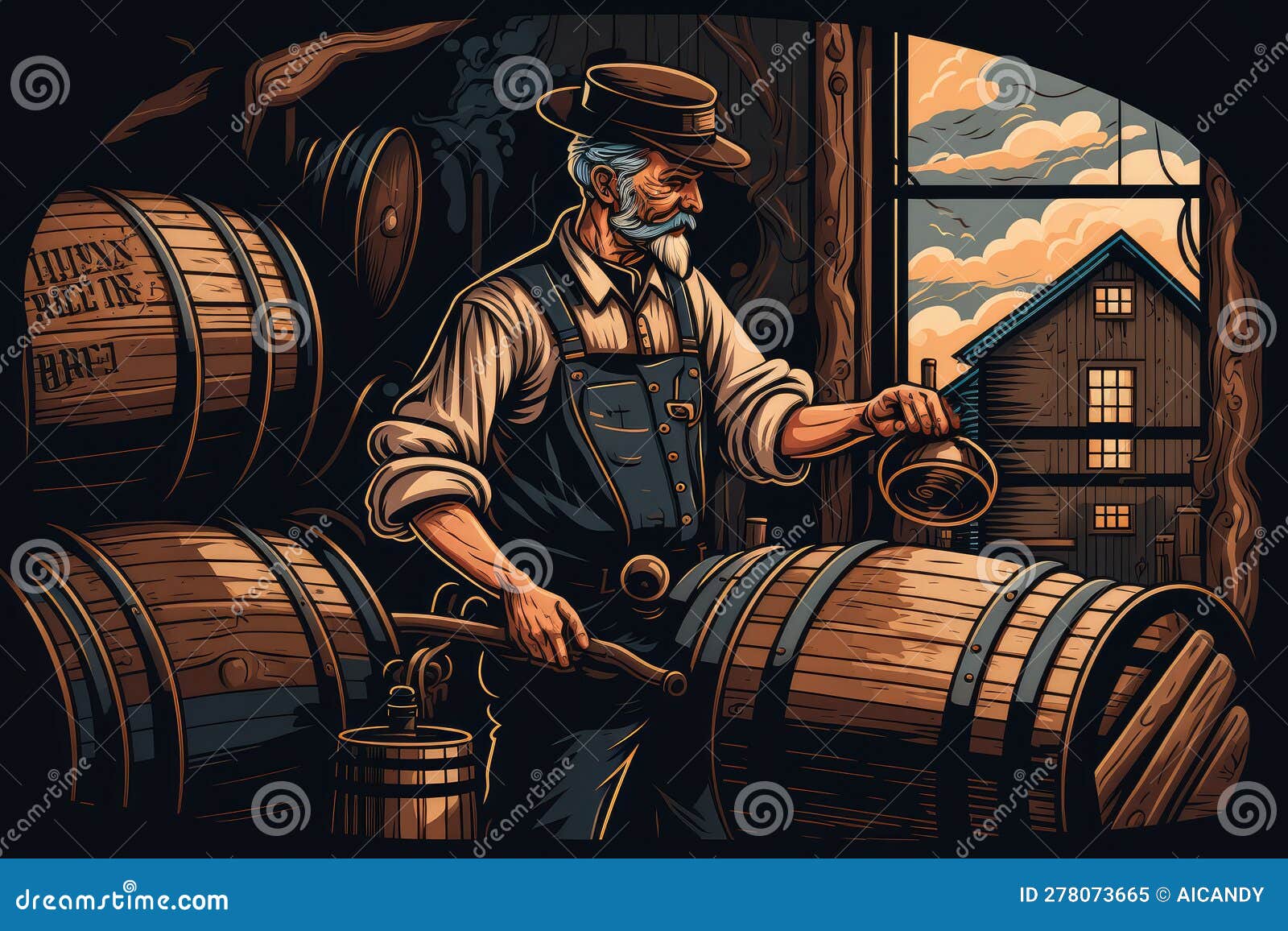 Illustration of a Distillery Worker Checking the Whiskey Barrel ...