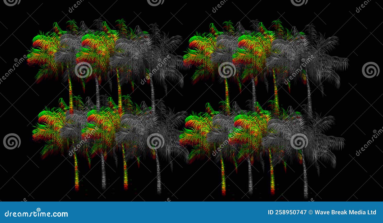 Illustration of Distorted Palm Trees Against Black Background, Copy ...