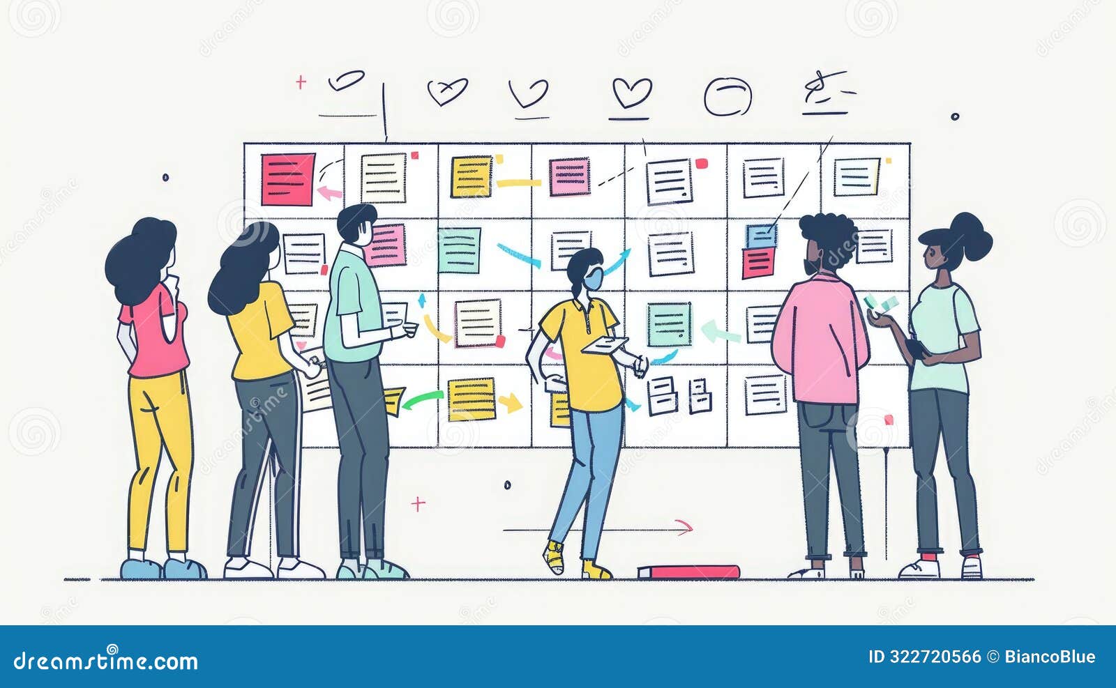 Illustration of a Diverse Group of People Using Sticky Notes on a Wall ...