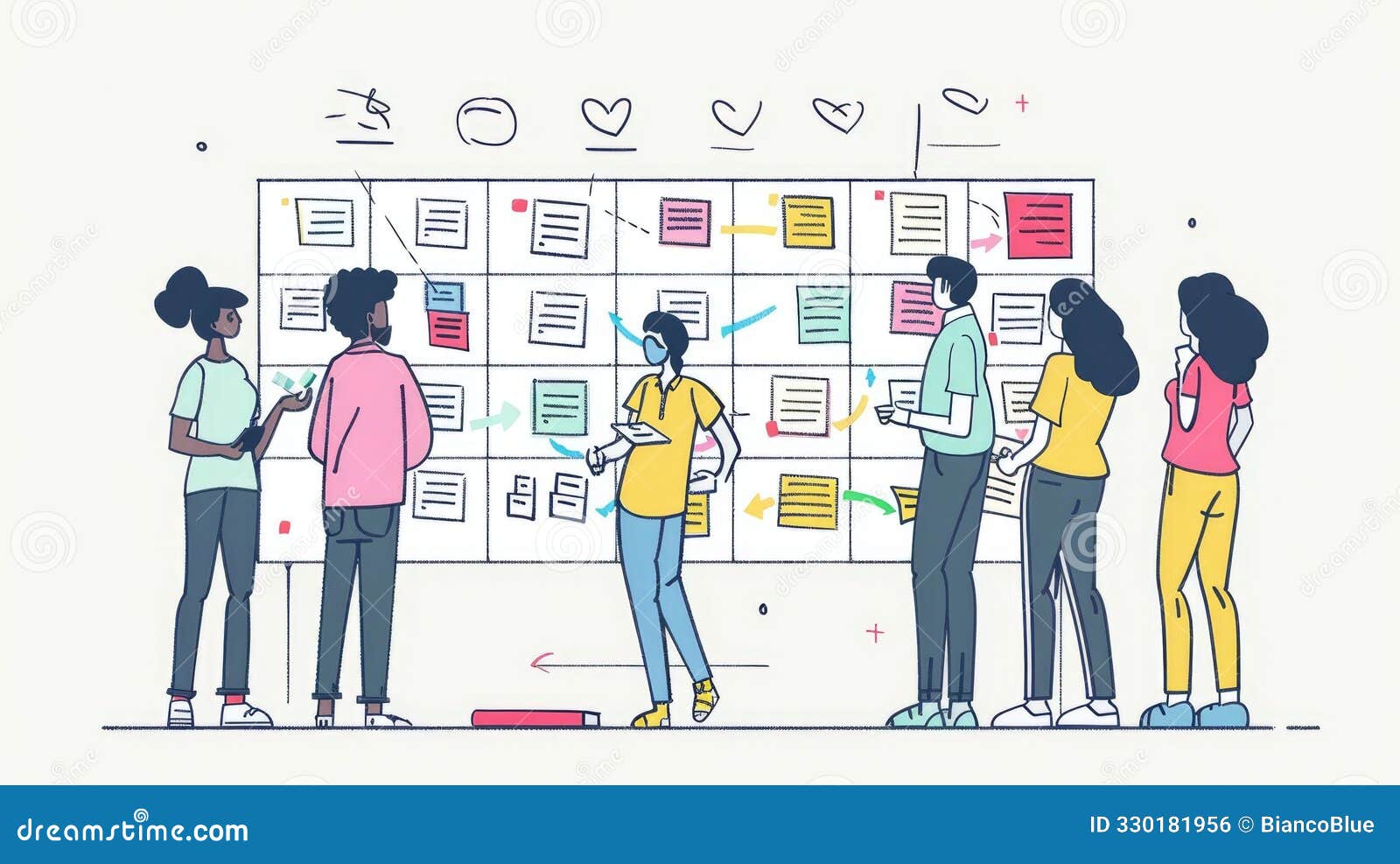 Illustration of a Diverse Group of People Using Sticky Notes on a Wall ...