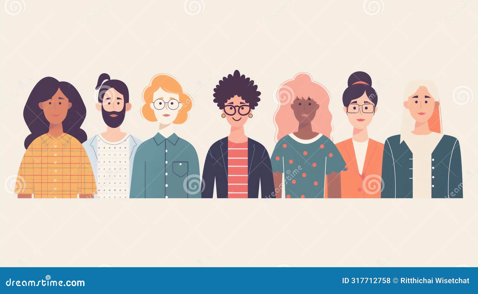 Illustration of a Diverse Group of Seven People Standing Side by Side ...