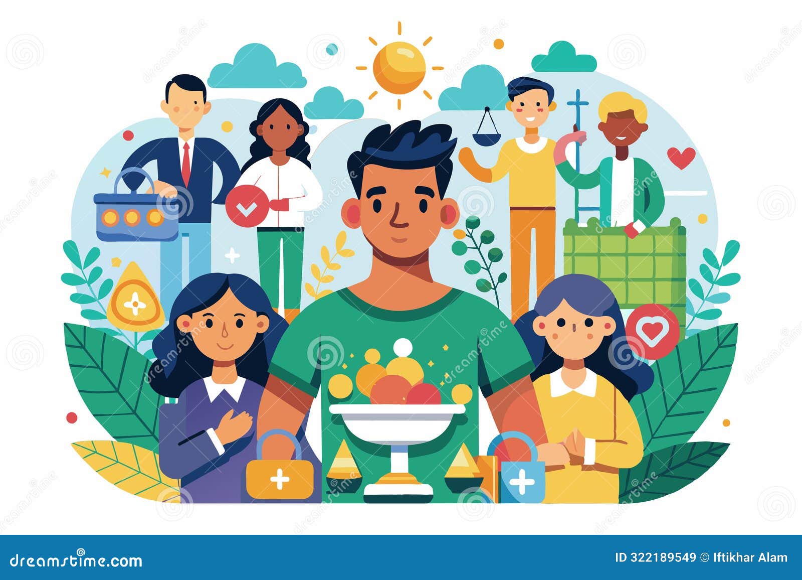 Illustration of Diverse Group with Social Symbols in Greenery, Social ...