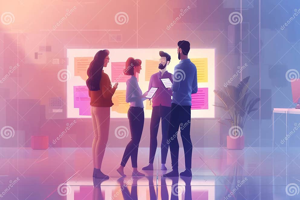 Illustration of a Diverse Team Collaborating on a Project Using Tablets ...