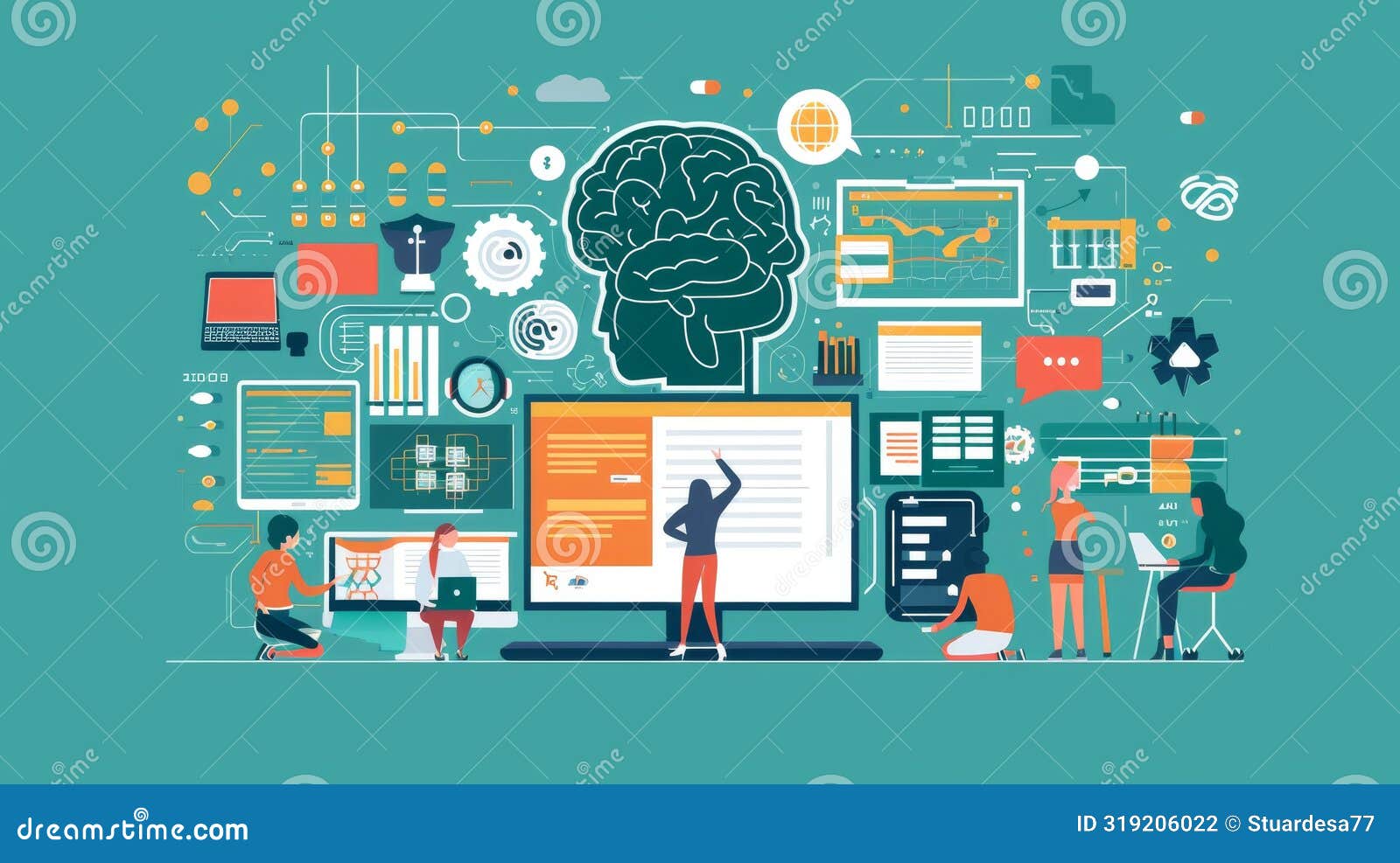 Group Working on Technology Project with Brain Graphic Stock ...