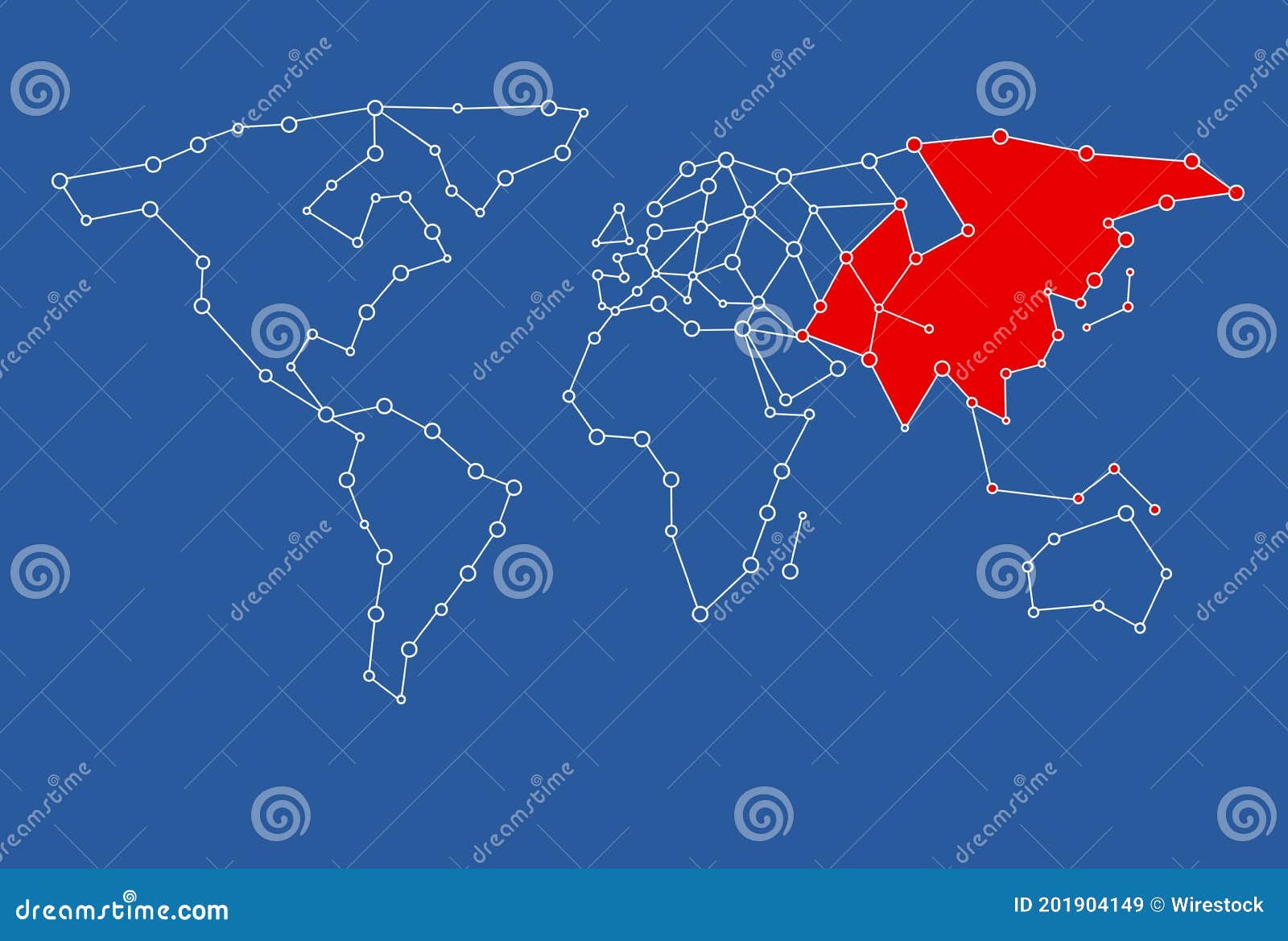 Illustration of a Dot-connected World Map with Asia Colored Red ...
