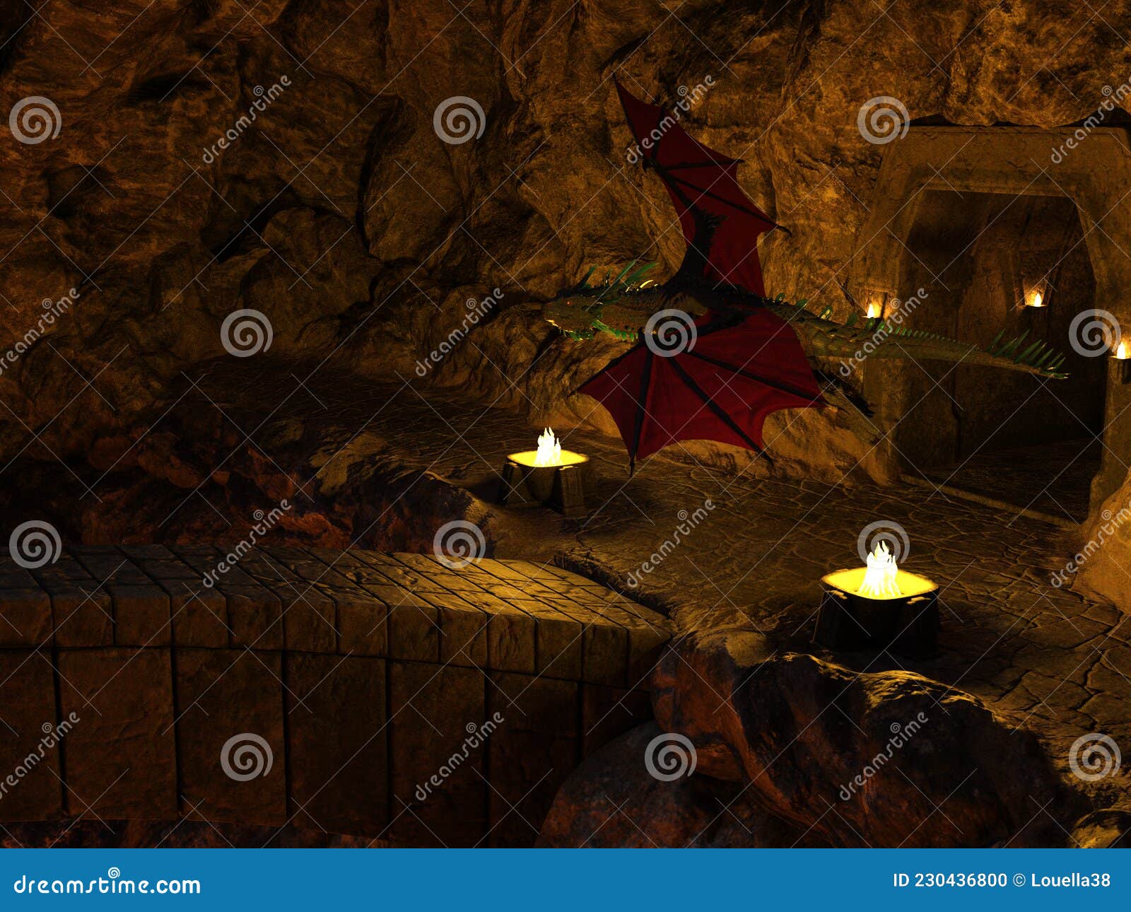 Illustration of a Dragon Soaring through a Dark Cavern with a Stone ...