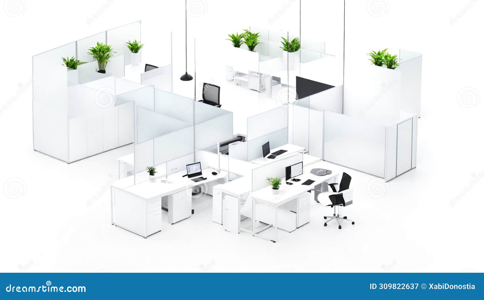 Illustration with Drawing of Modern Illuminated Single Space Office ...
