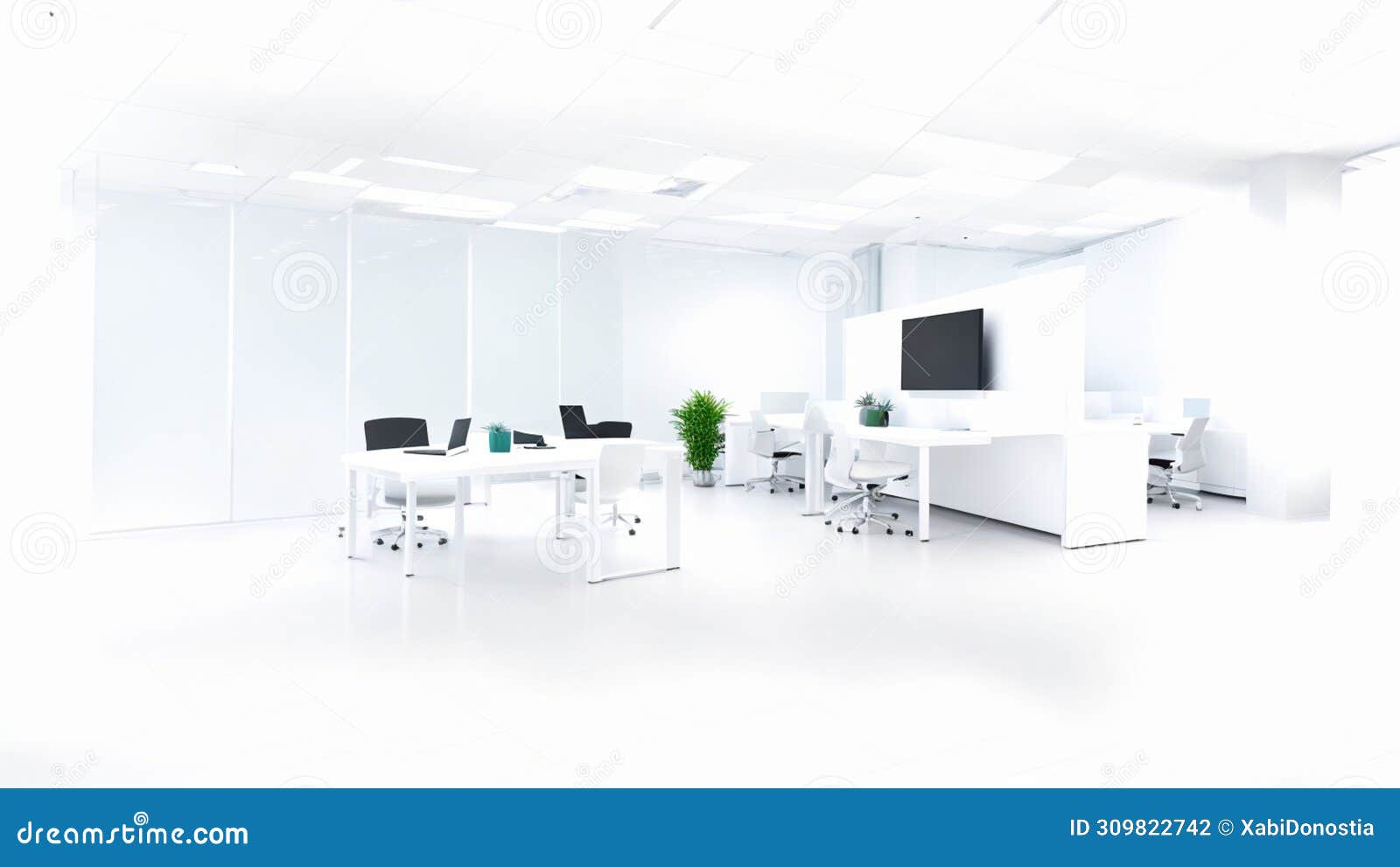 Illustration with Drawing of Modern Illuminated Single Space Office ...