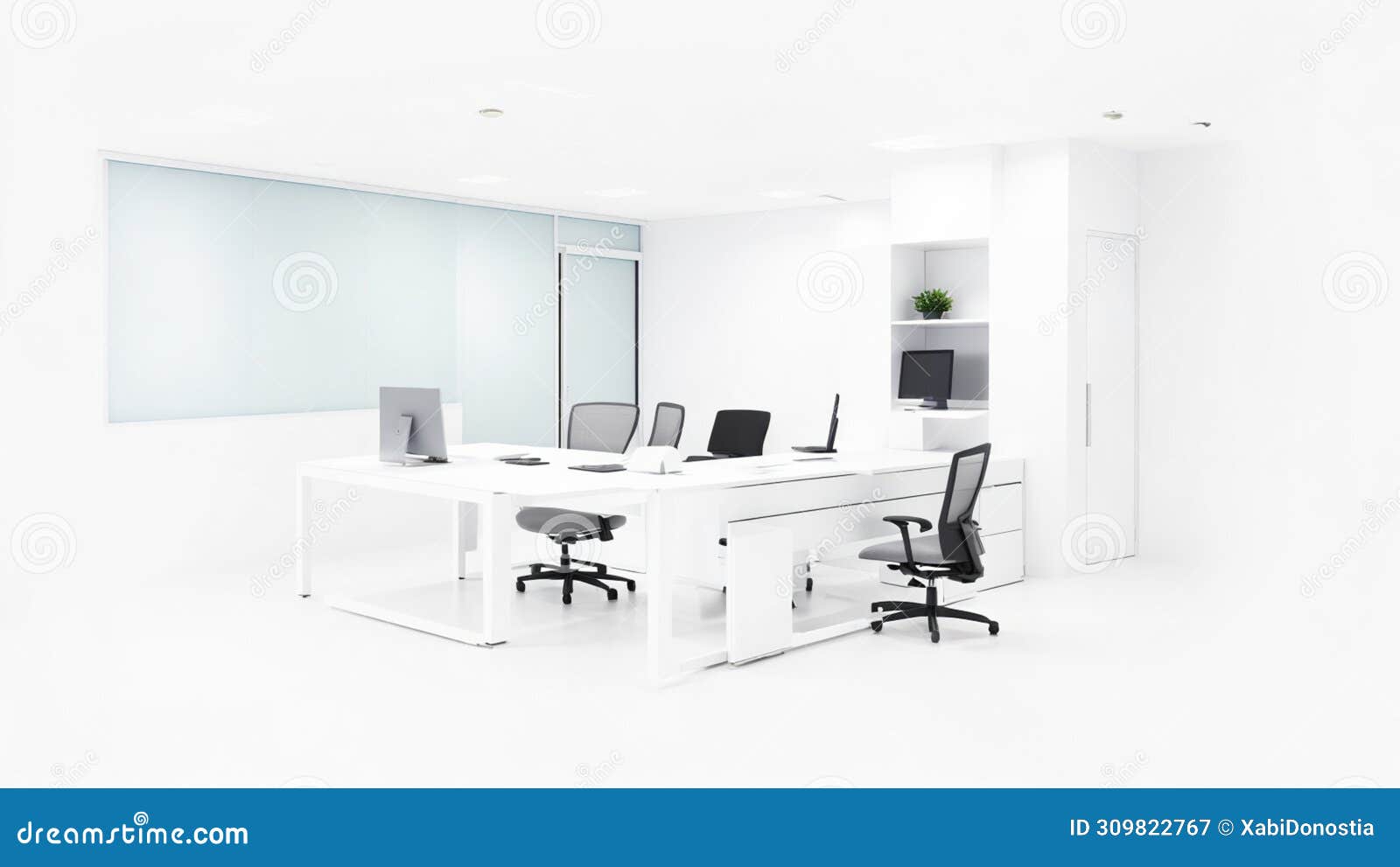 Illustration with Drawing of Modern Illuminated Single Space Office ...