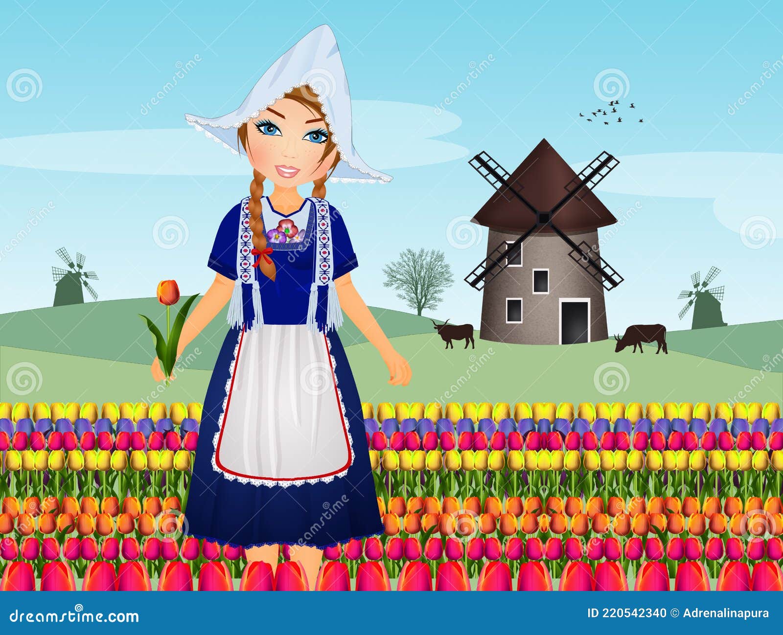 Illustration of Dutch Woman Stock Illustration - Illustration of tulips ...