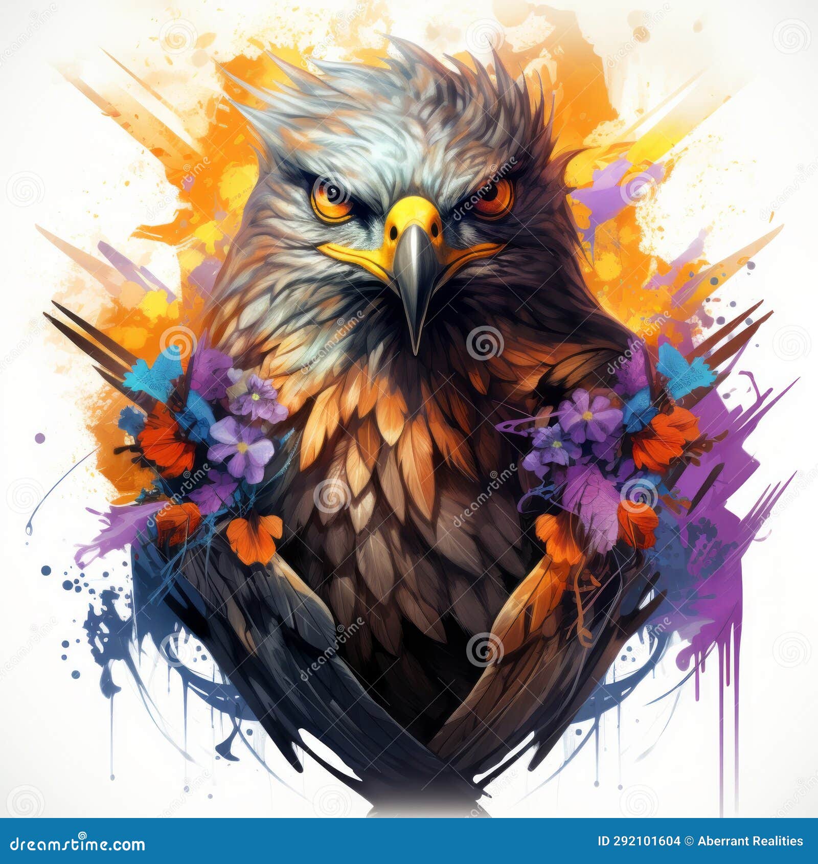 An Illustration of an Eagle with Flowers and Paint Splatters Stock ...
