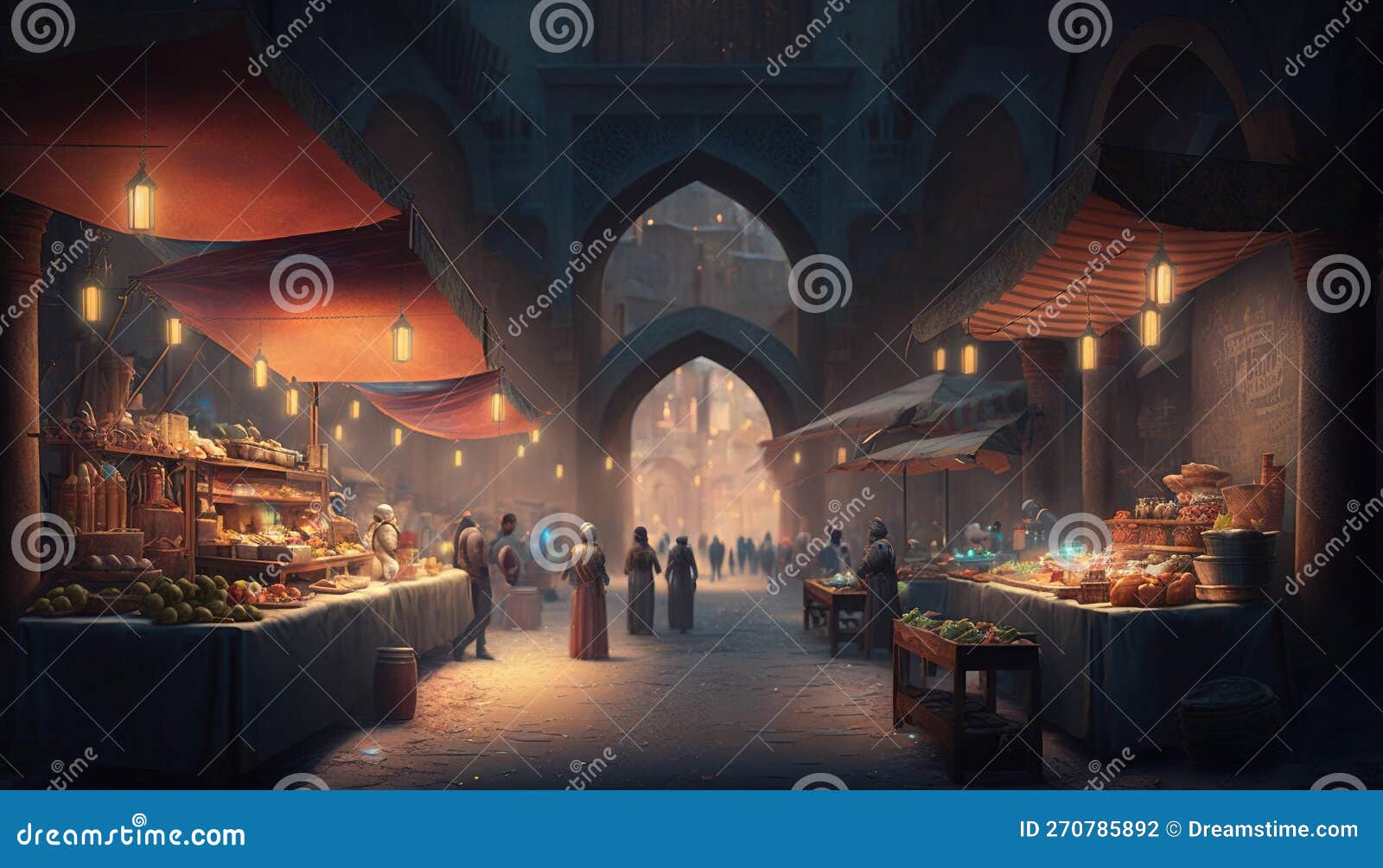 Illustration of Eastern Busy Bazaar in the Evening. Open Shop and ...