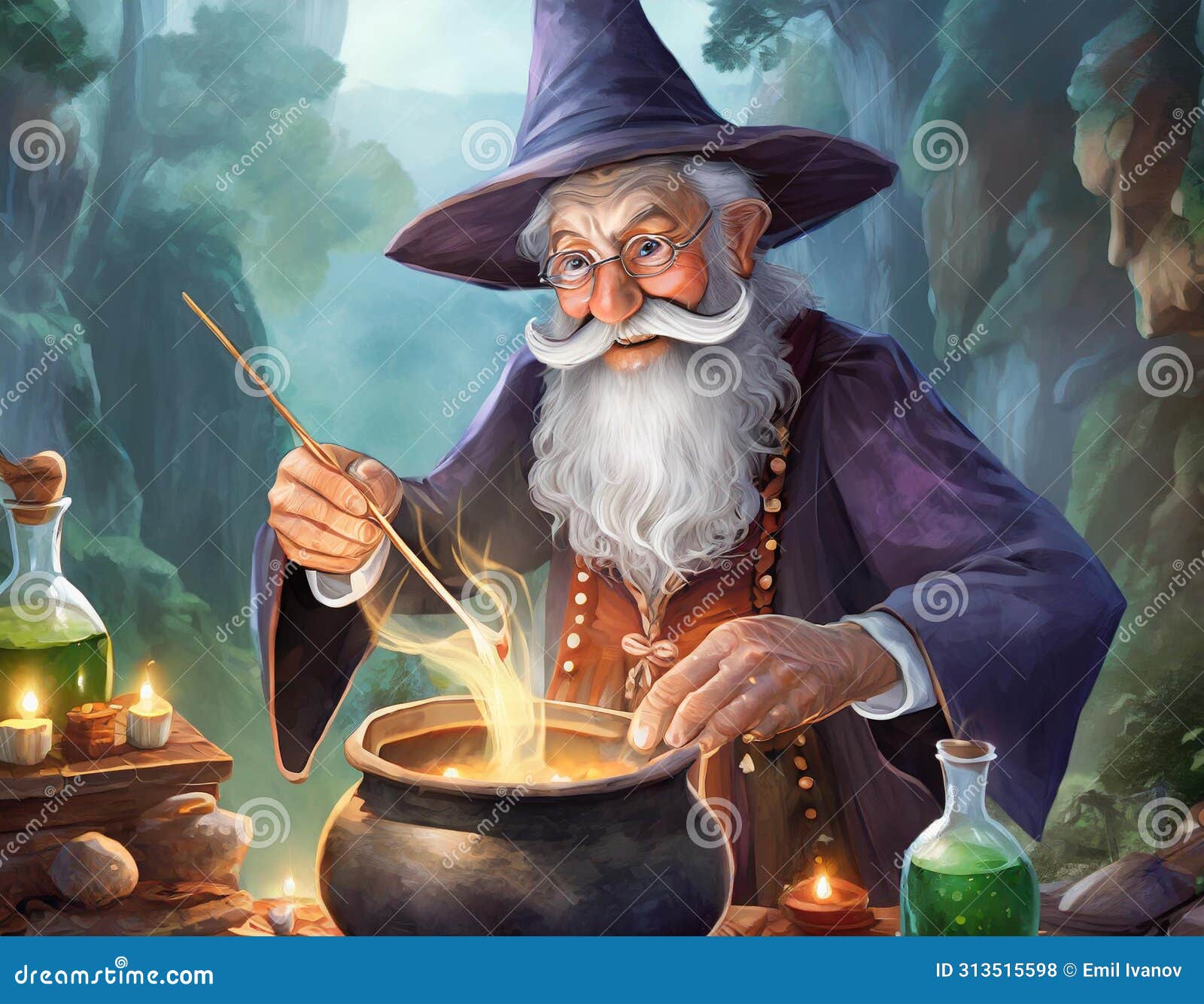 Enchanting Wizard Conjuring Magic Potion in Forest Stock Illustration ...