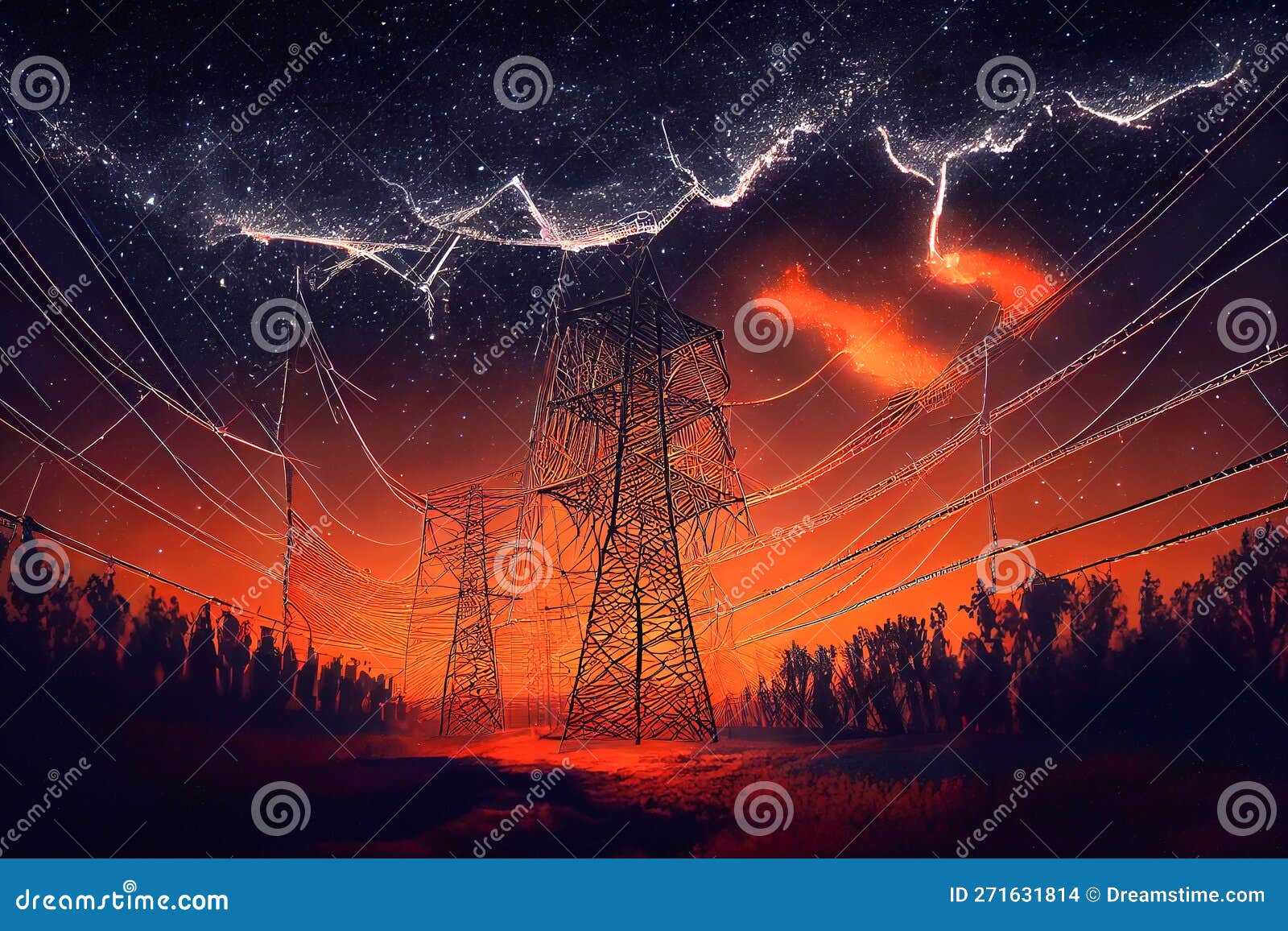 Illustration of Electrical Wires at Night with Starry Sky. Generative ...