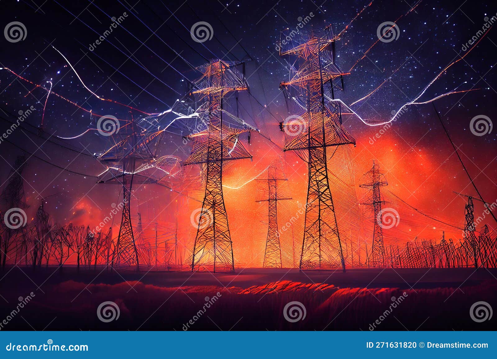Illustration of Electrical Wires at Night with Starry Sky. Generative ...