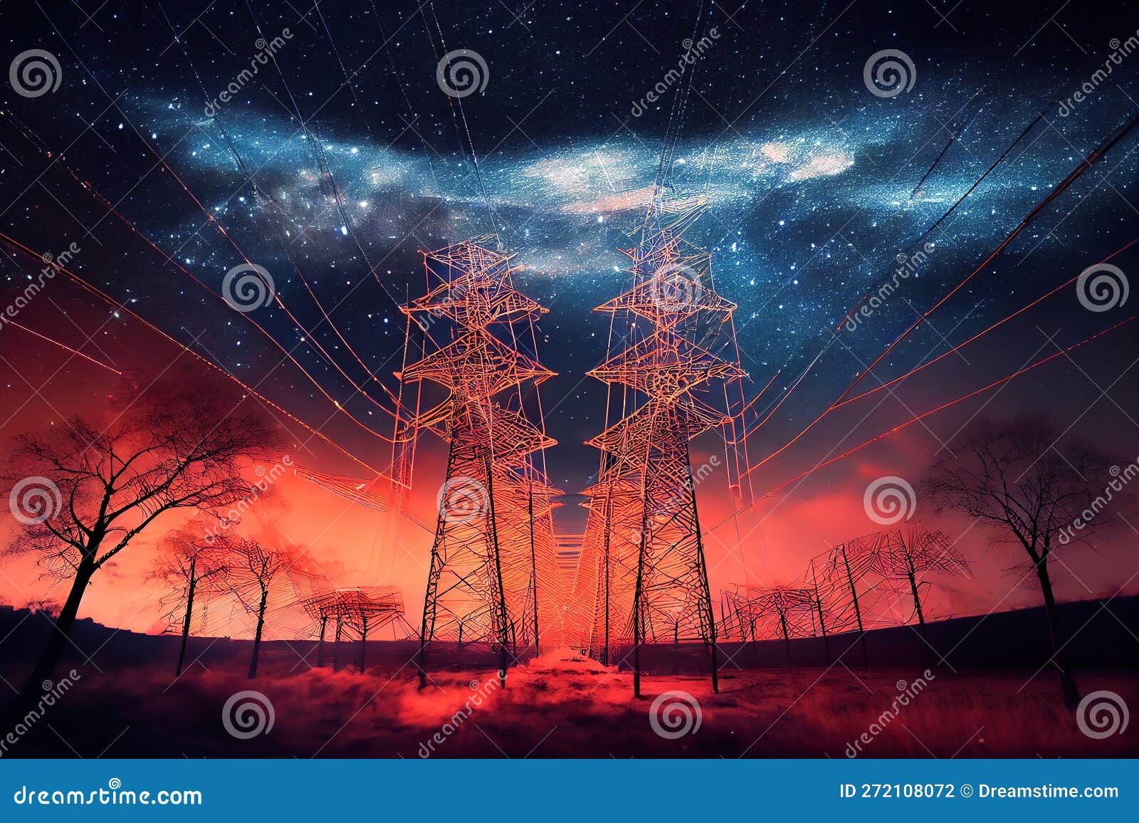 Illustration of Electrical Wires at Night with Starry Sky. Generative ...
