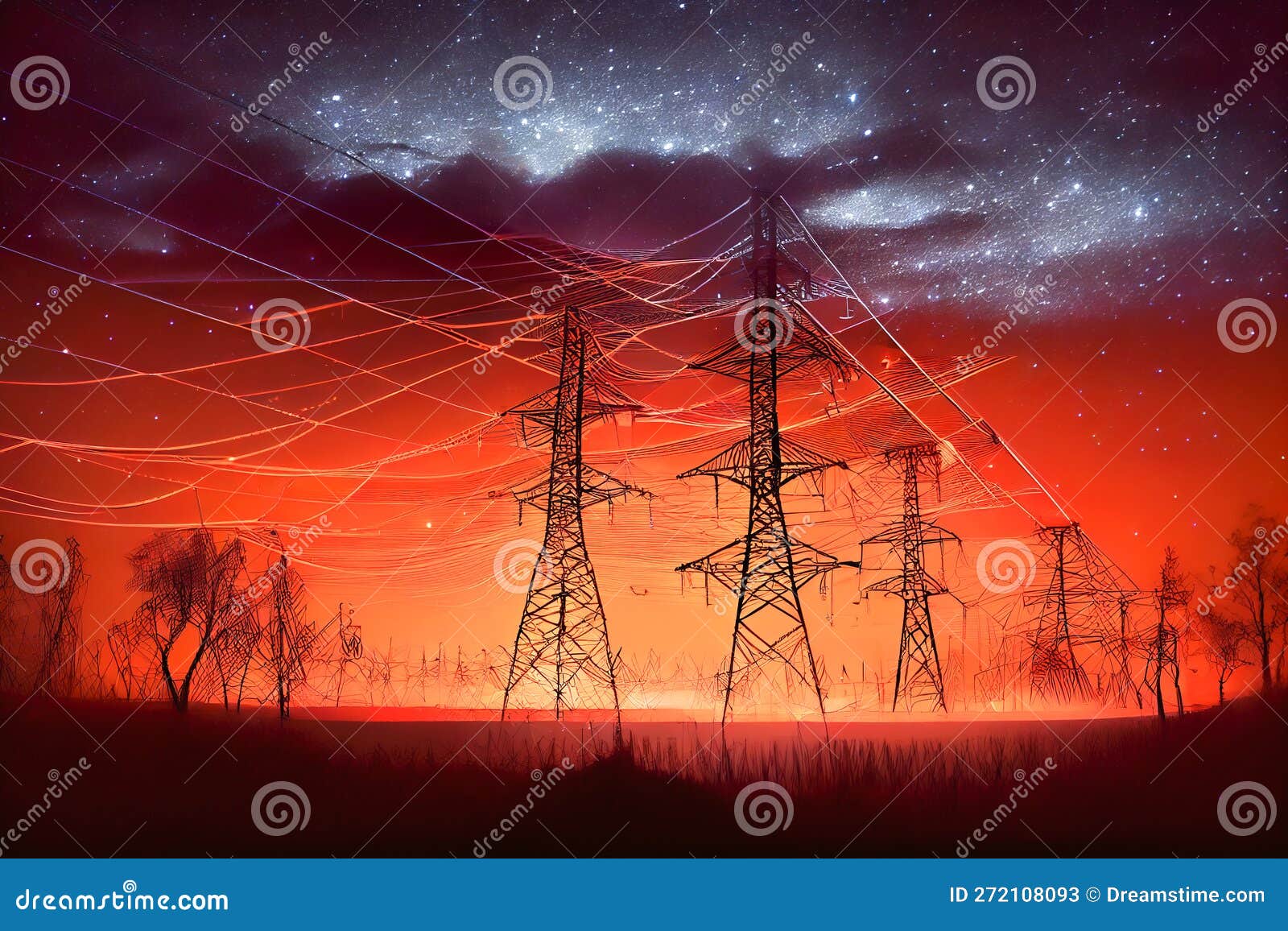 Illustration of Electrical Wires at Night with Starry Sky. Generative ...