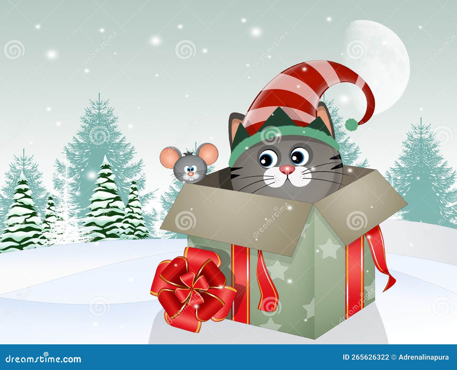 Elf cat with gift box stock illustration. Illustration of year - 265626322