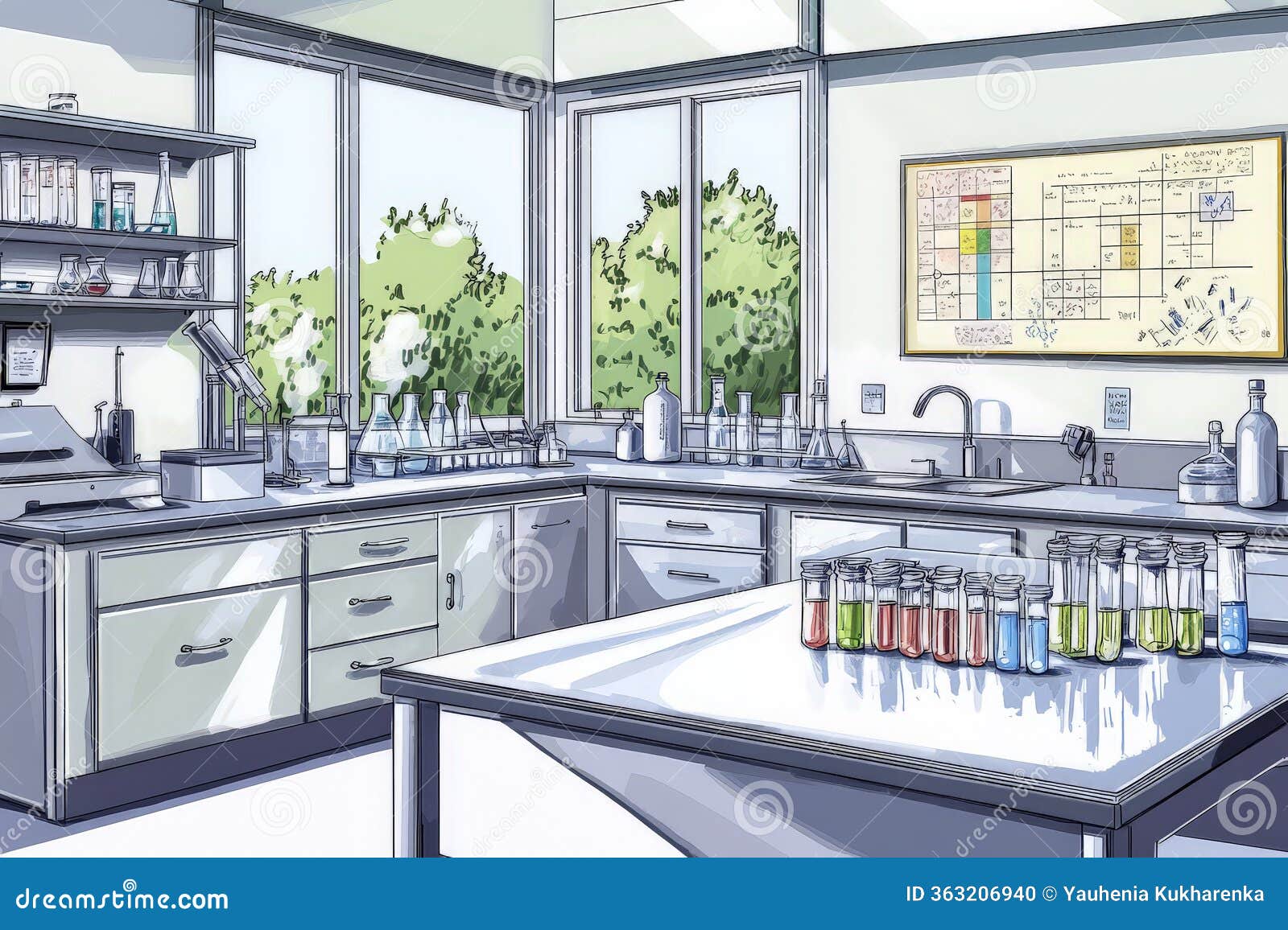 Empty Science Lab With Microscopes And Educational Posters On The Walls ...