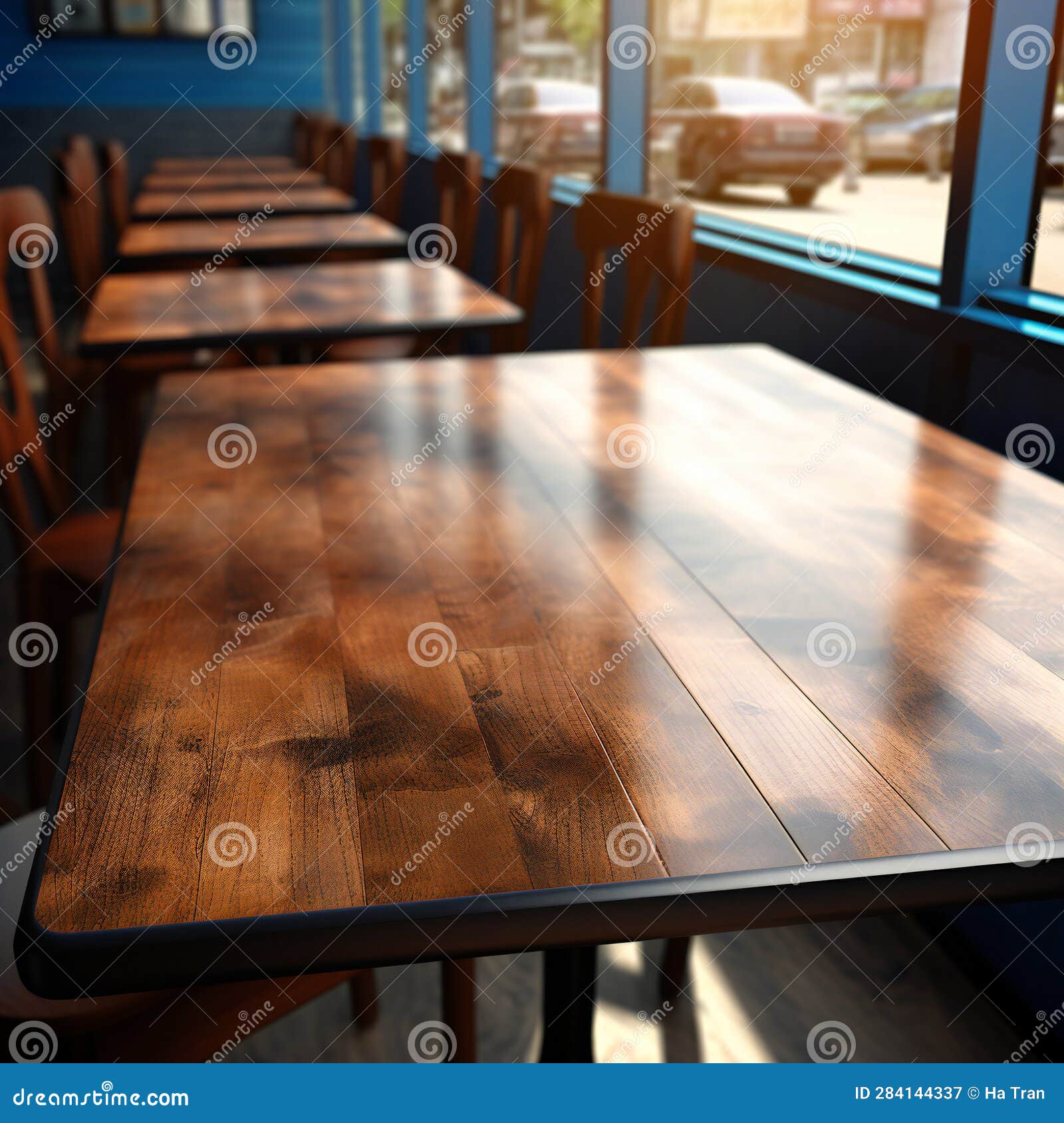 Empty Wooden Table and Chairs in a Cafe or Restaurant, Perspective View ...