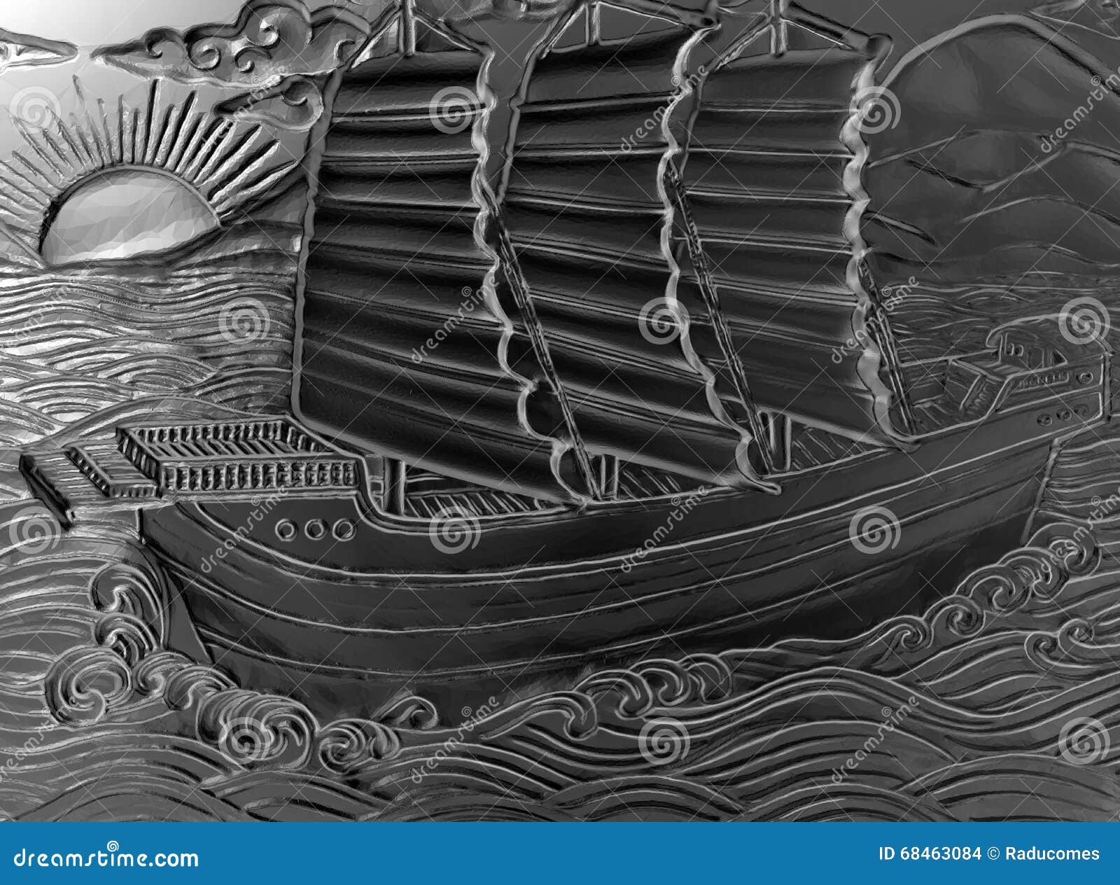 Illustration of an Engraved Ship Scene Stock Illustration ...