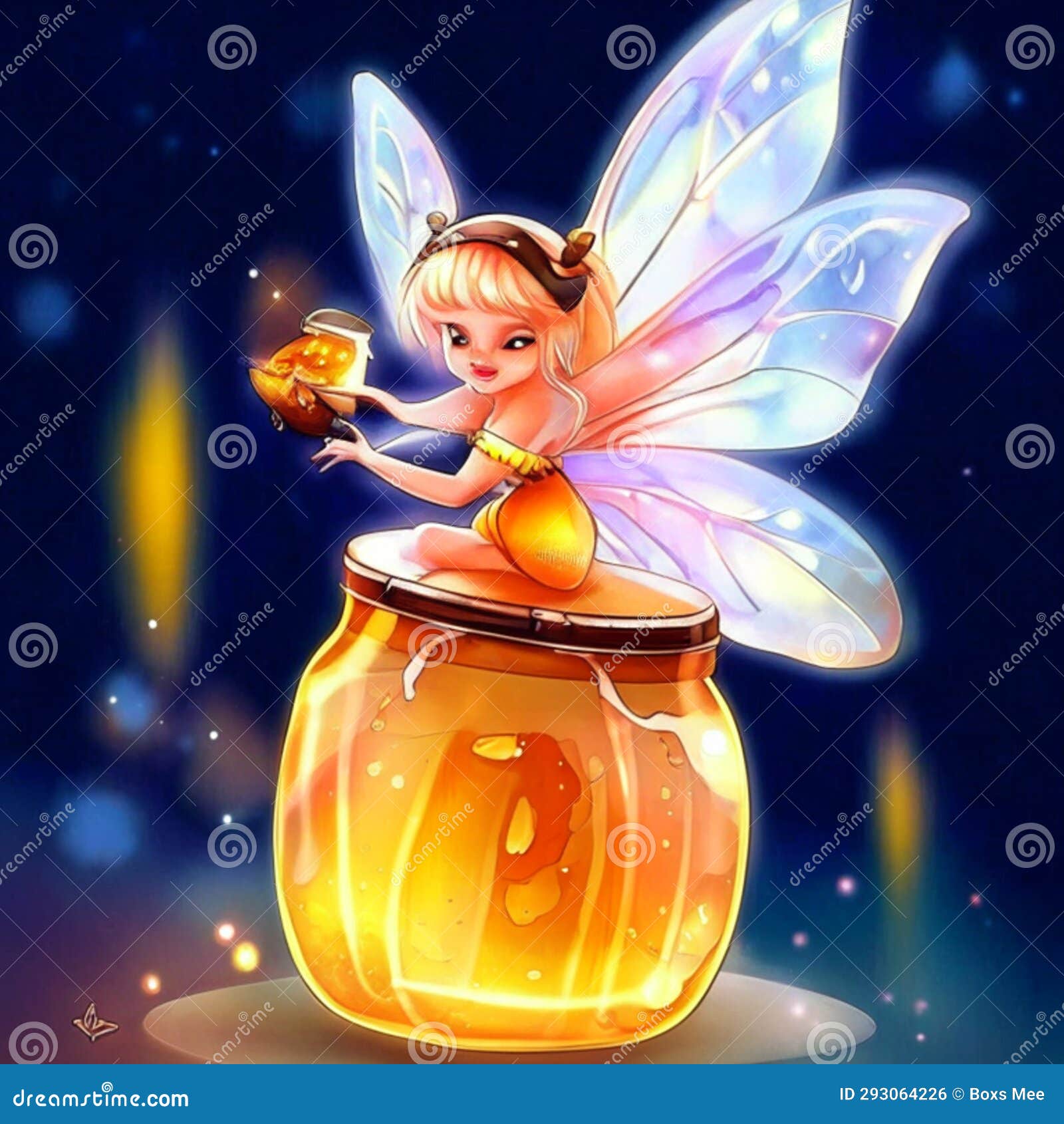 Illustration Of A Fairy And A Pot Of Honey On A Dark Background Ai