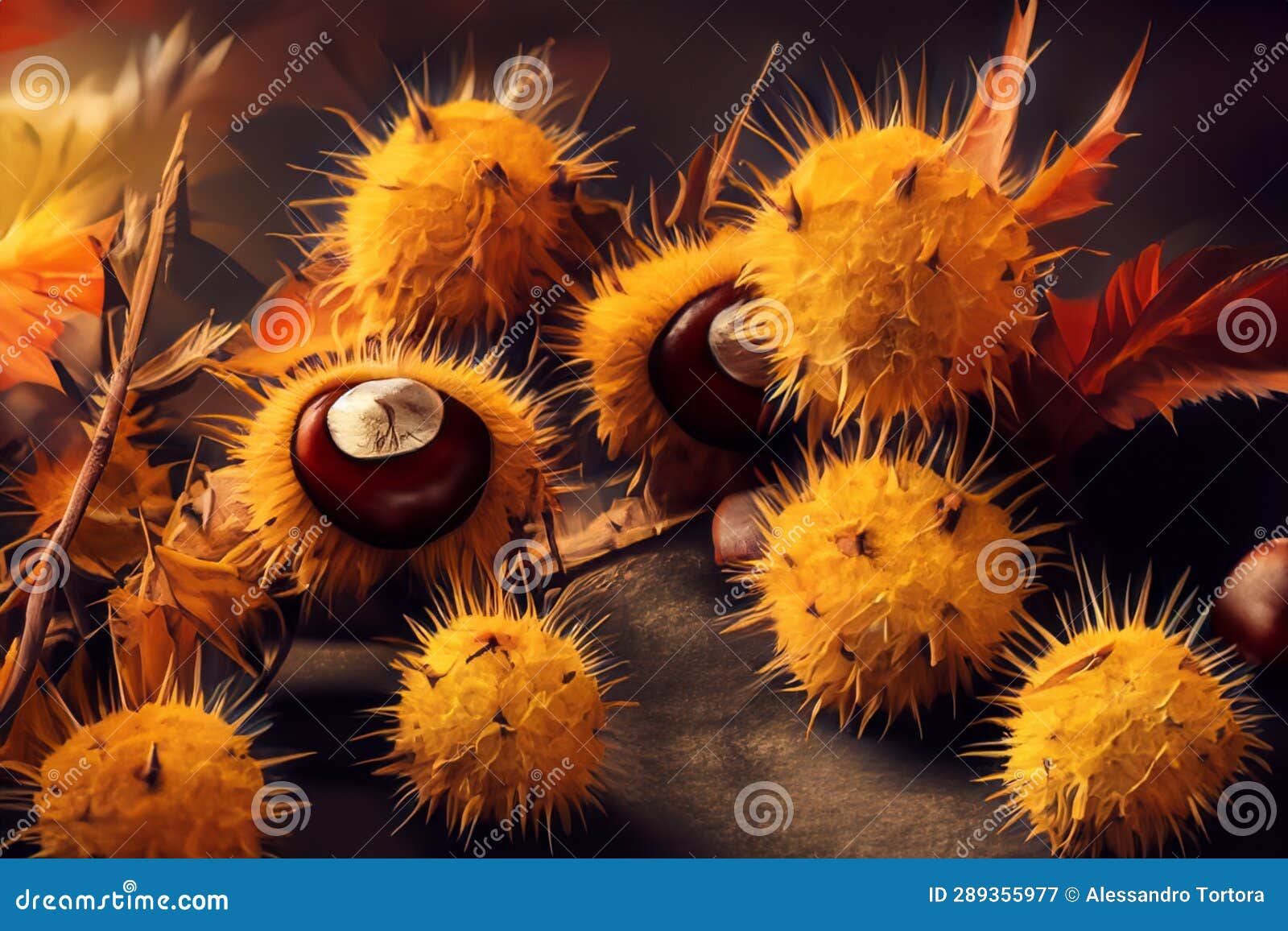 Illustration of Fallen Wild Chestnuts, Still in the Shell, with Autumn ...